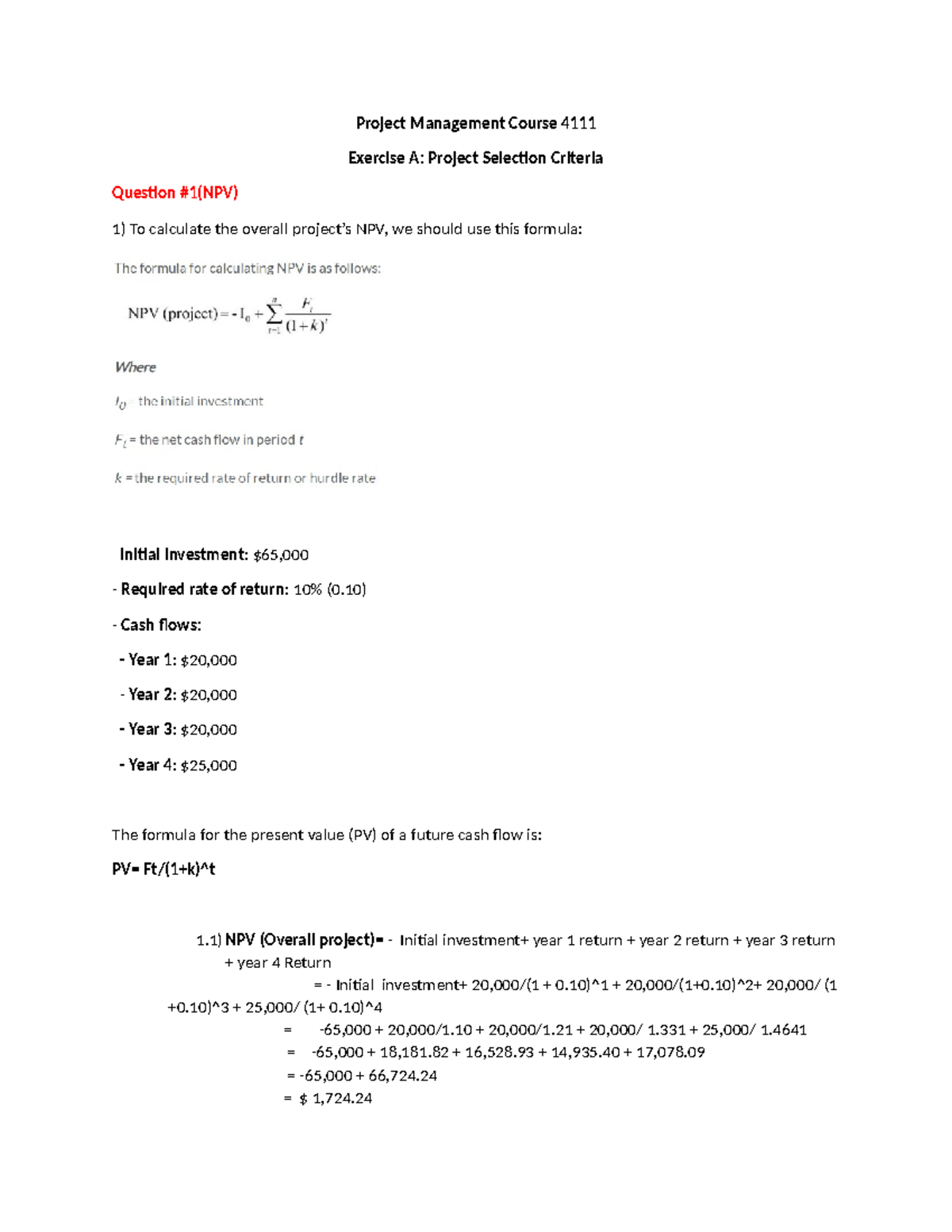 Project Management course. Exercise - Project Management Course 4111 ...