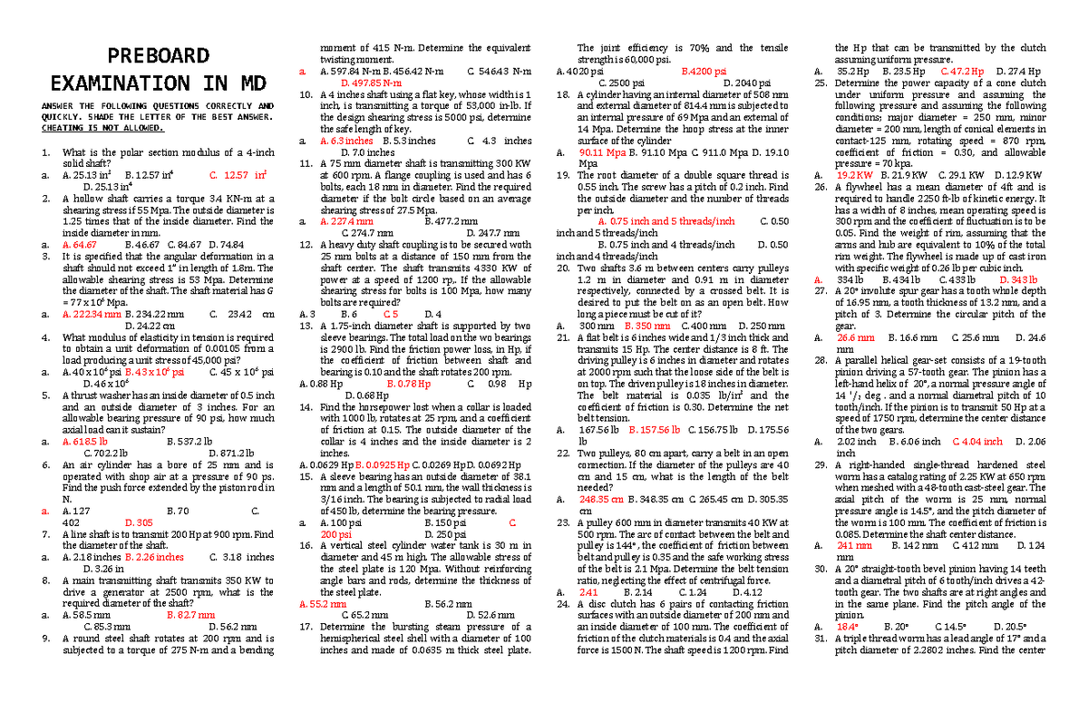 Preboard examination in machine design - PREBOARD EXAMINATION IN MD ...