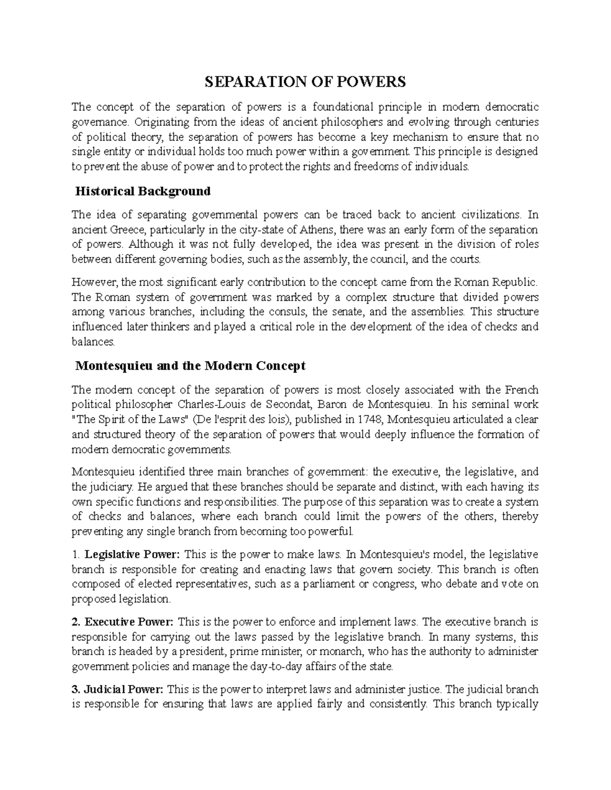 Separation OF Powers - SEPARATION OF POWERS The concept of the separation of powers is a - Studocu