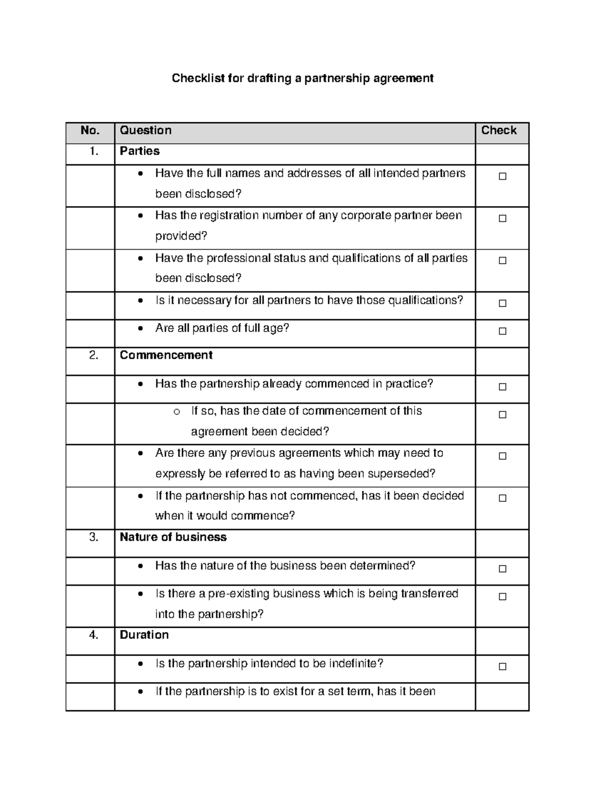 Checklist for drafting a partnership agreement - Question Check 1 ...