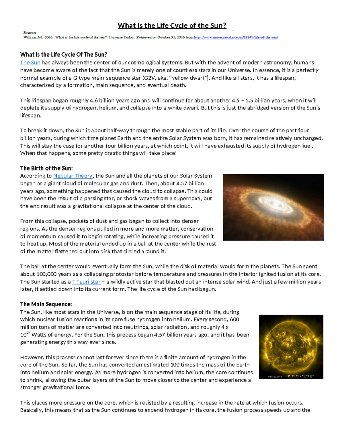What is the Life Cycle of the Sun Student Article 1 - What is the Life ...