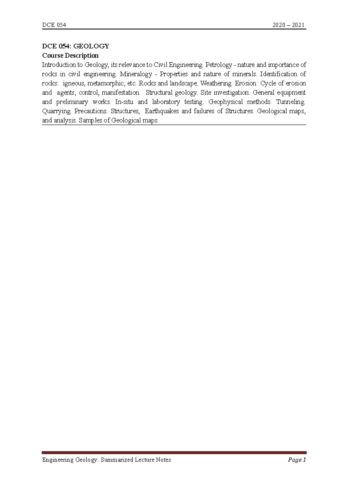 DCE 054 shared - Notes - DCE 054: GEOLOGY Course Description ...