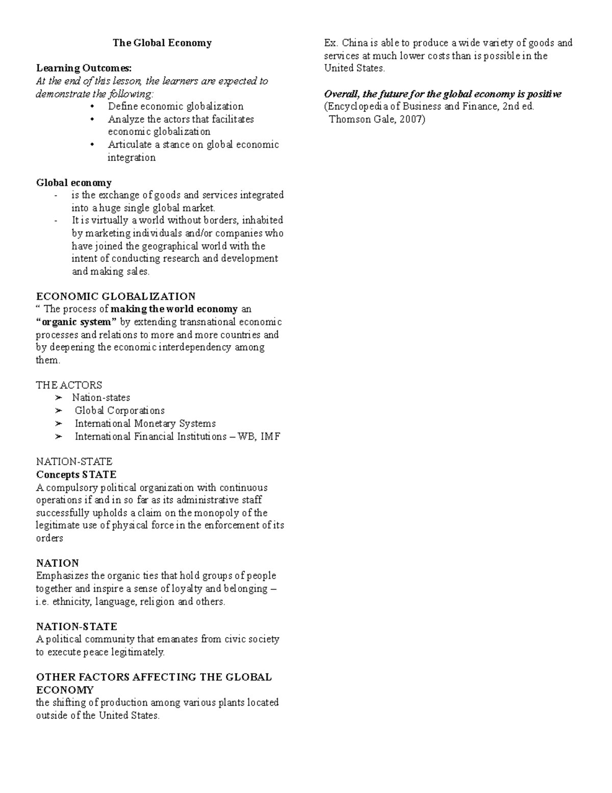 The Global Economy - The Global Economy Learning Outcomes: At the end ...