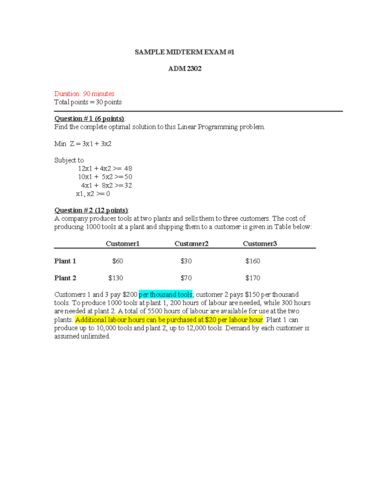 3. Sample 1 - SAMPLE MIDTERM EXAM ADM 2302 Duration: 90 minutes Total ...