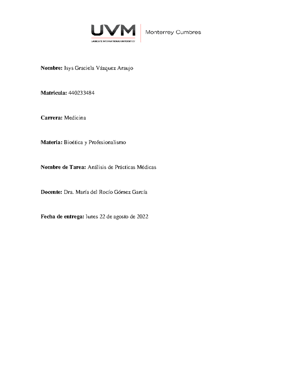 A#2 IGVA - Descripción de prácticas médicas - Nombre: Isys Graciela ...
