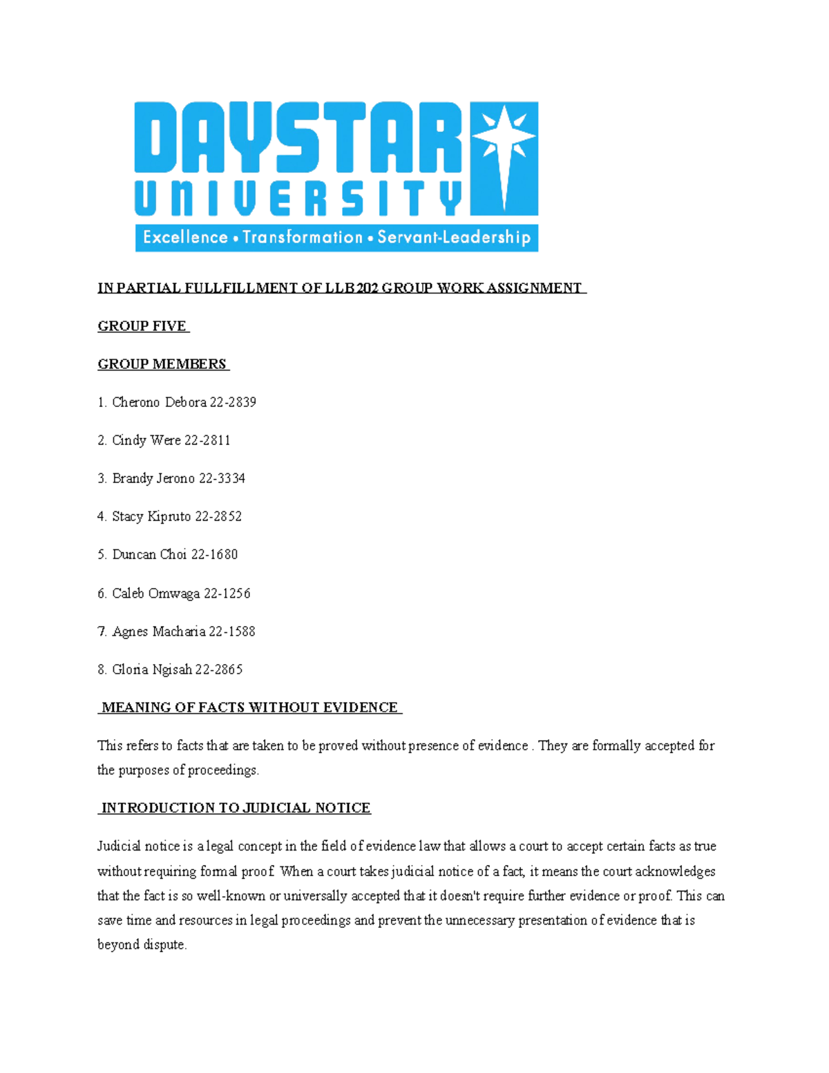 Group FIVE Evidence LAW Assignment - IN PARTIAL FULLFILLMENT OF LLB 202 ...