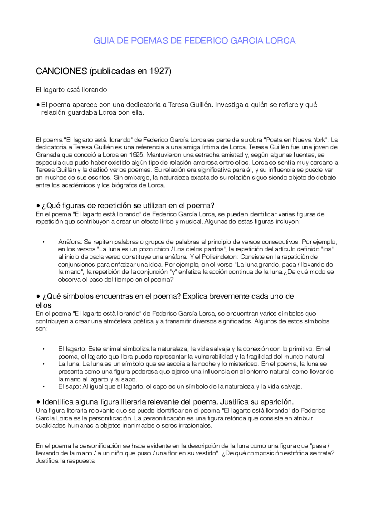 Lorca - apuntes clase - GUIA DE POEMAS DE FEDERICO GARCIA LORCA ...