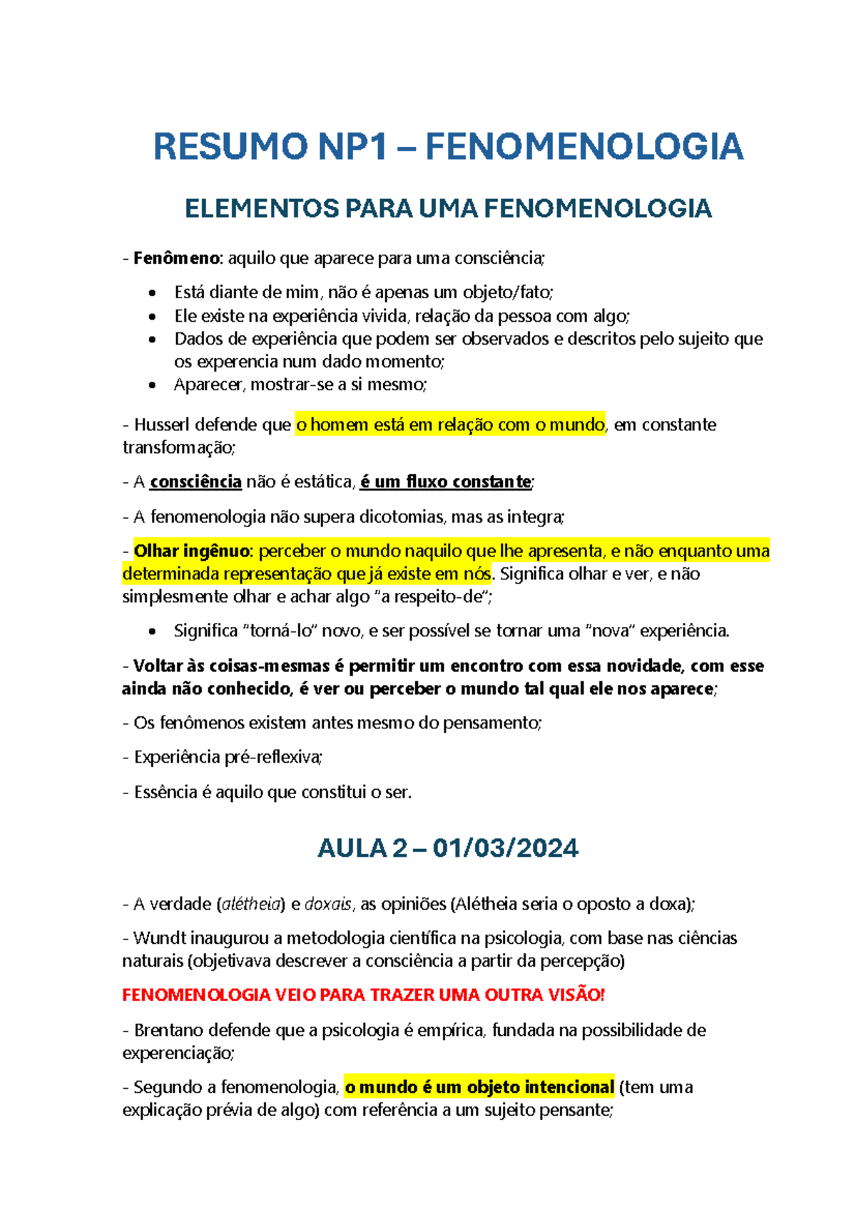 Resumo fenomenologia husserl e heidegger - RESUMO NP1 – FENOMENOLOGIA ELEMENTOS PARA UMA - Studocu