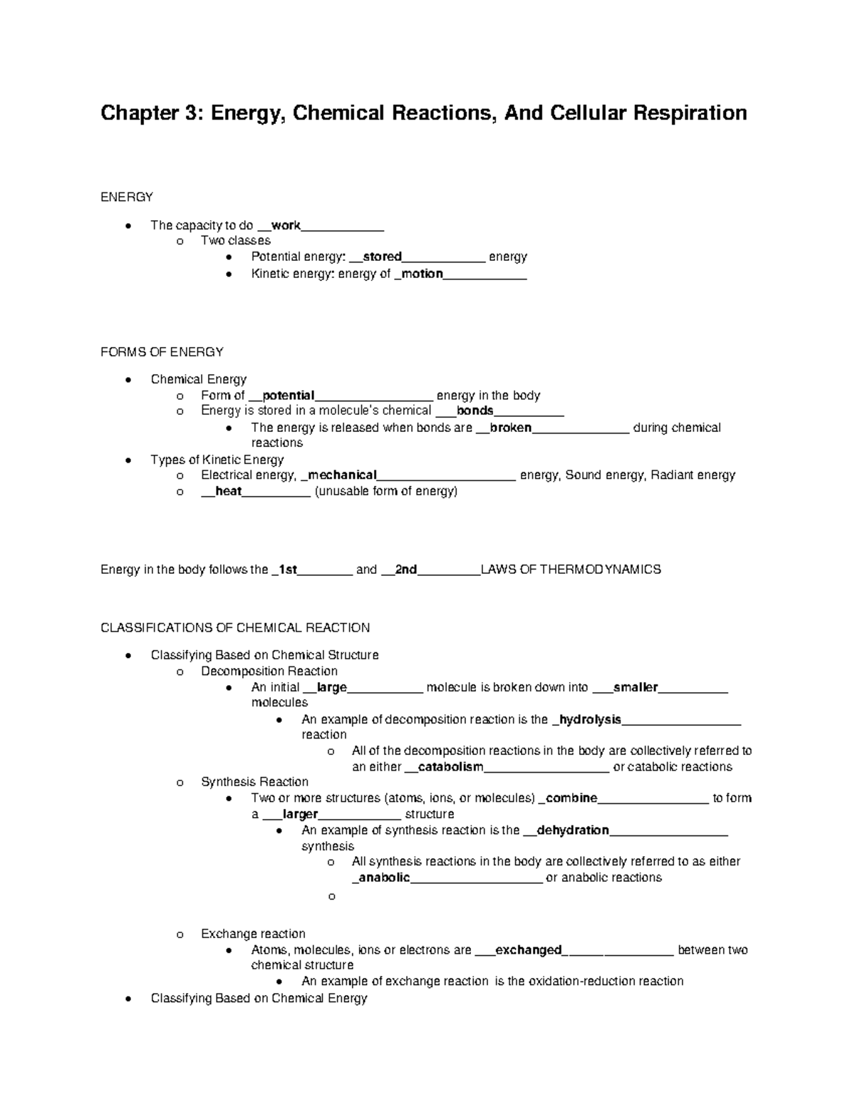 Chapter 3: Energy, Chemical reactions, and cellular respirations ...