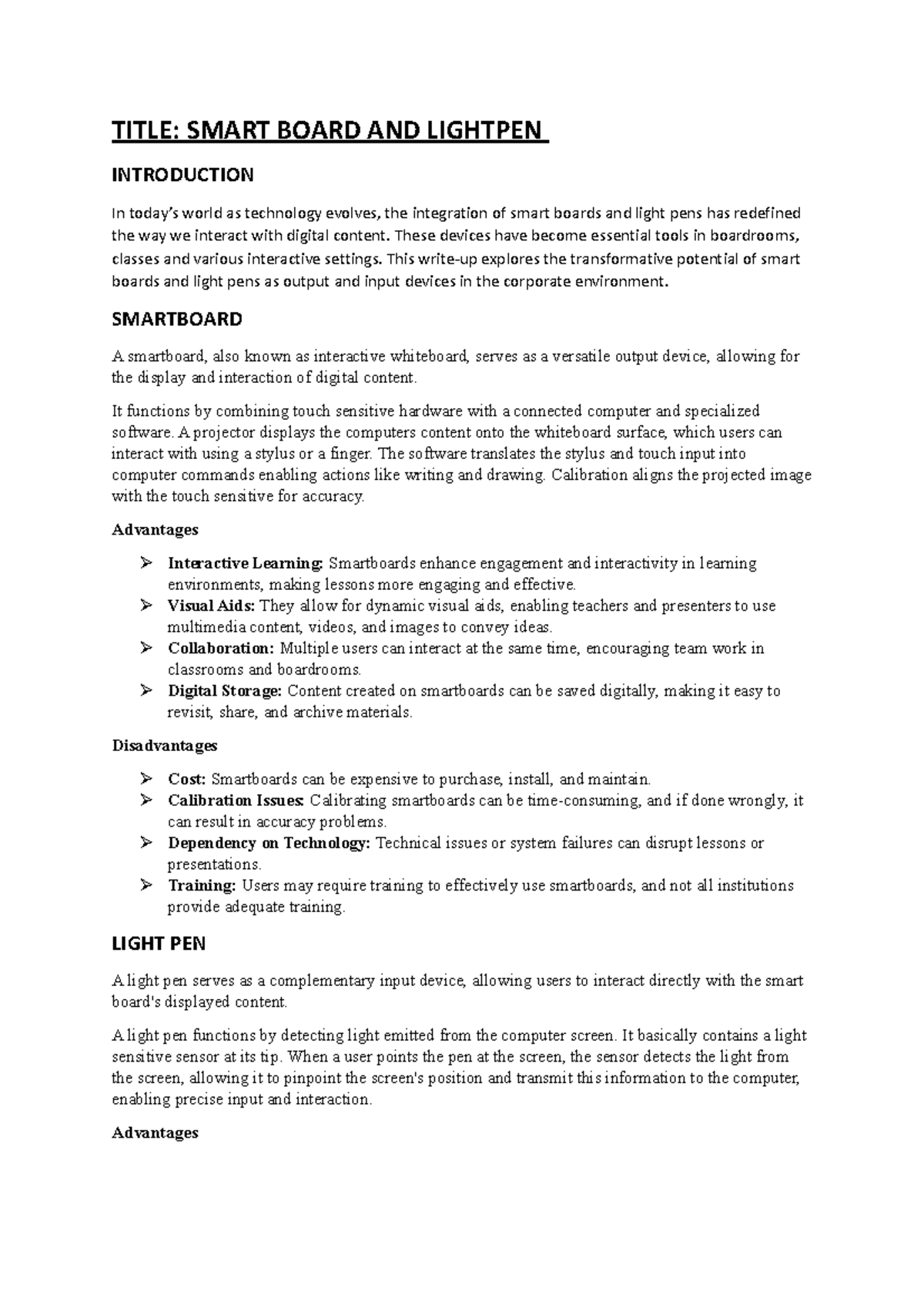 Smartboard and light pen - TITLE: SMART BOARD AND LIGHTPEN INTRODUCTION ...