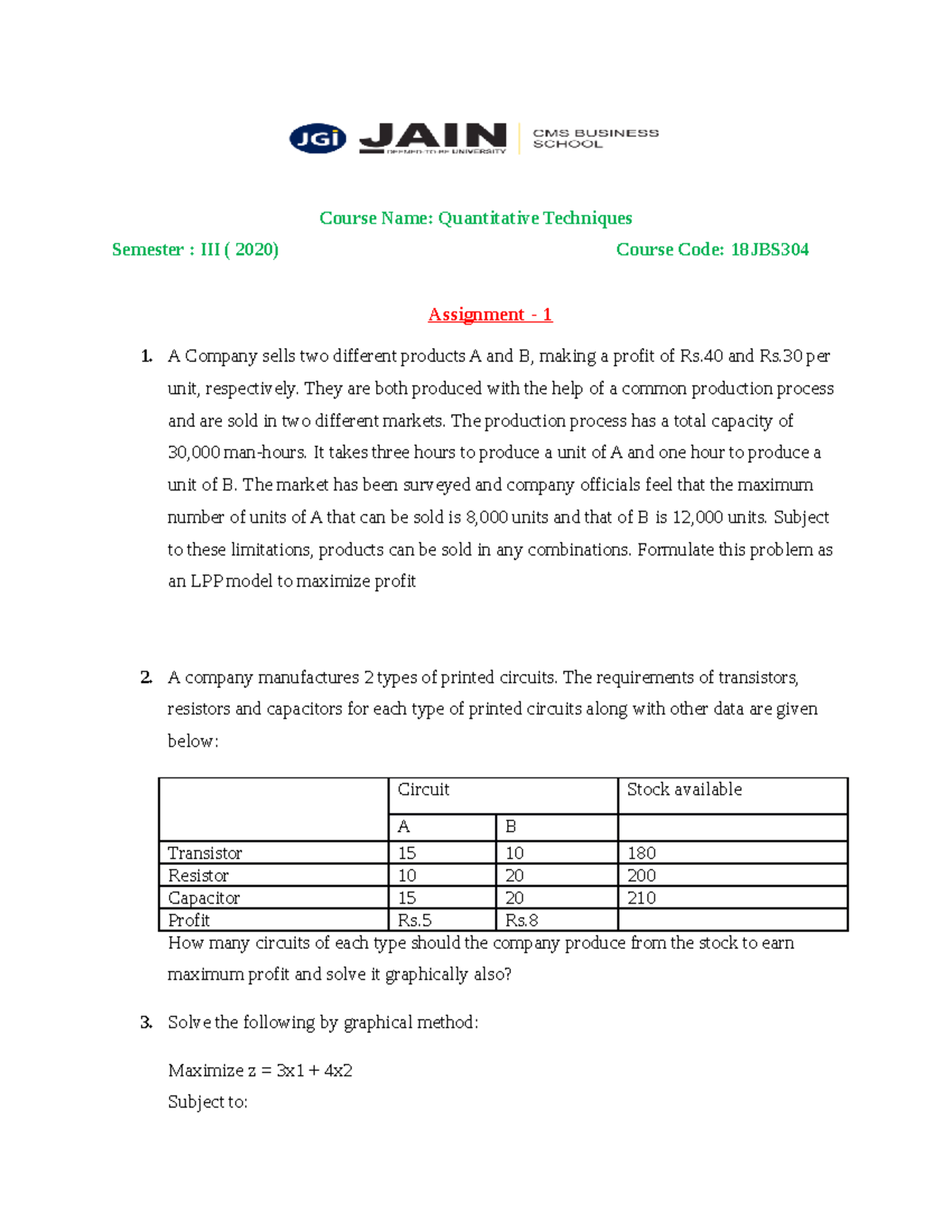 Management Science Advisory - Course Name: Quantitative Techniques ...