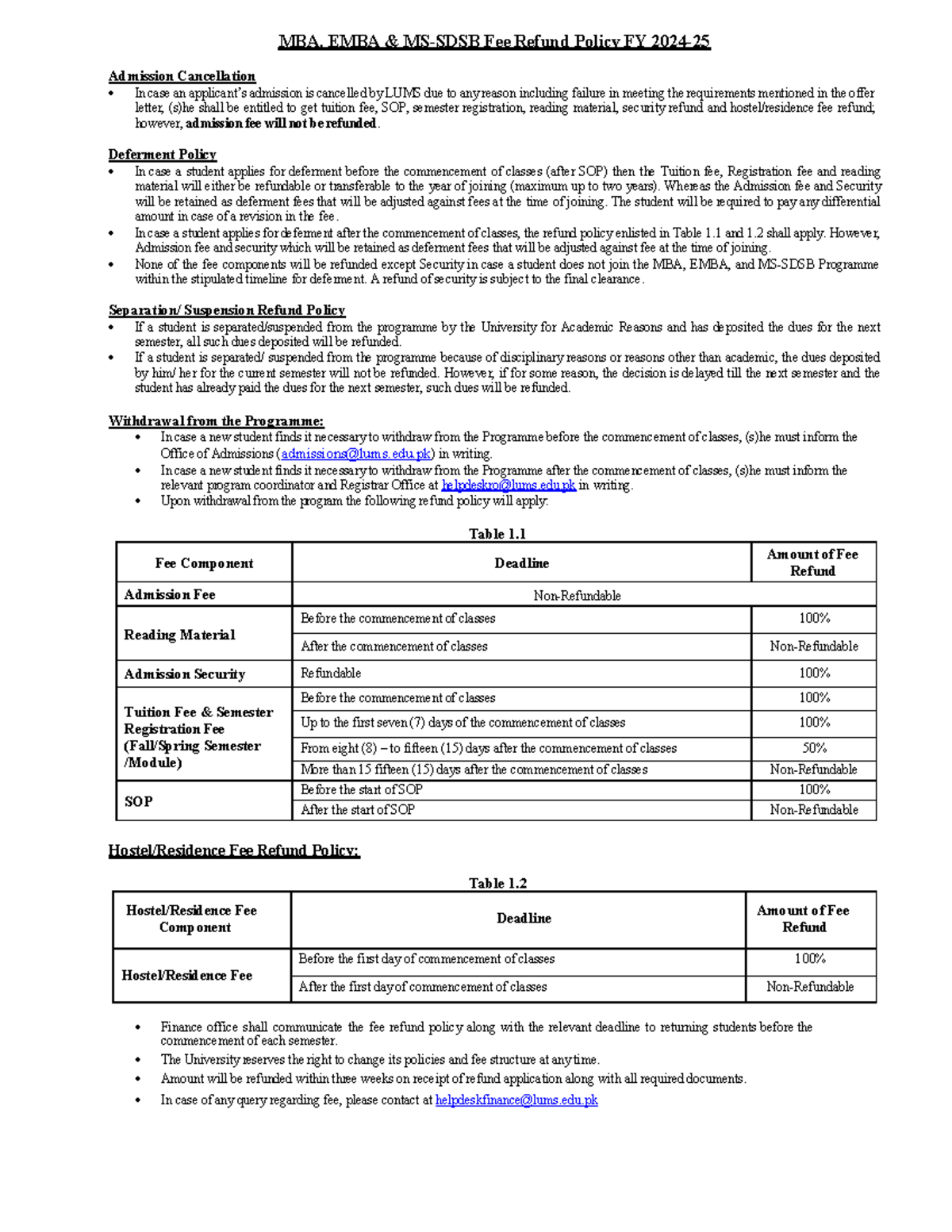 MBA EMBA MS SDSB Fee Refund Policy FY 2024 25 - MBA, EMBA & MS-SDSB Fee Refund Policy FY 2024 ...