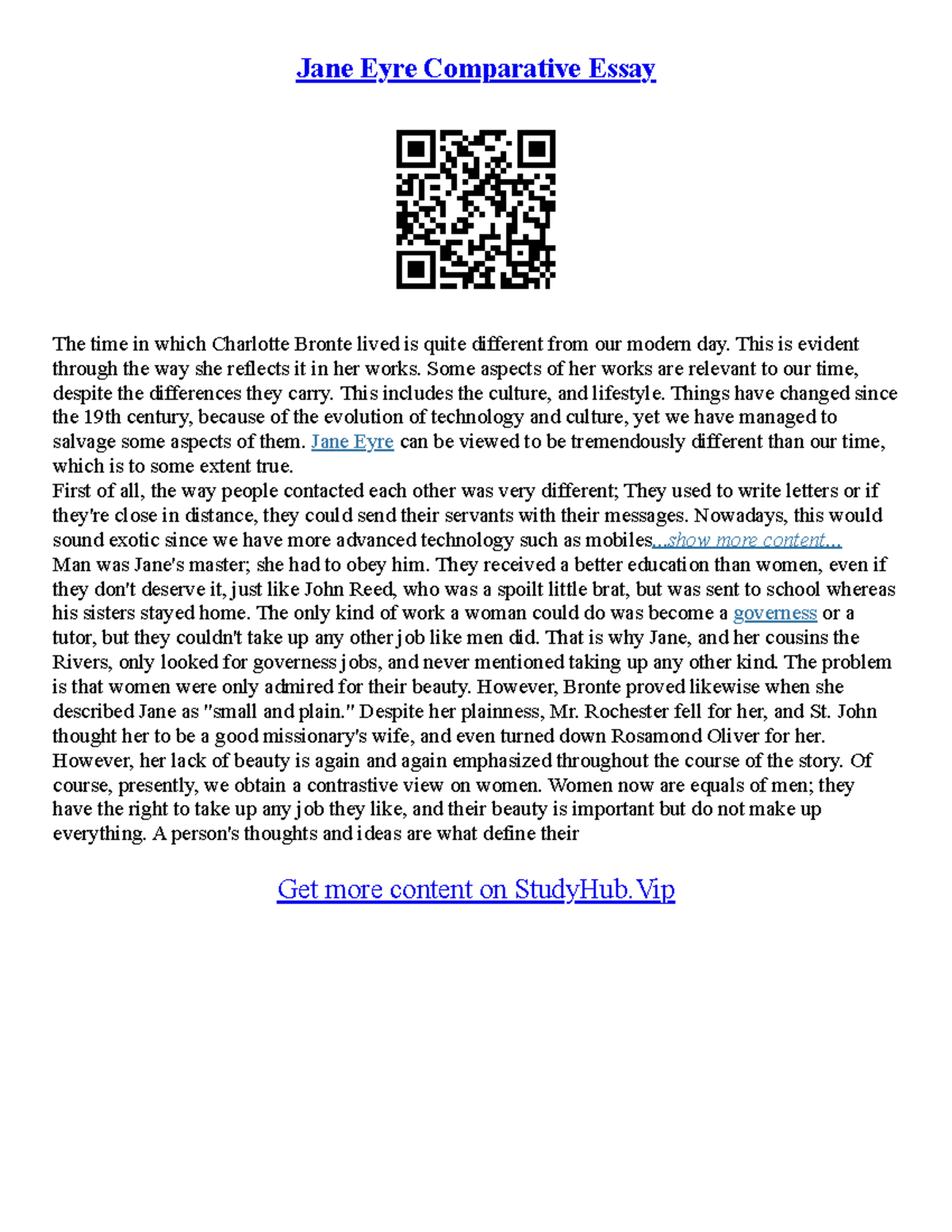 Comparative Essay - Jane Eyre Comparative Essay The time in which ...