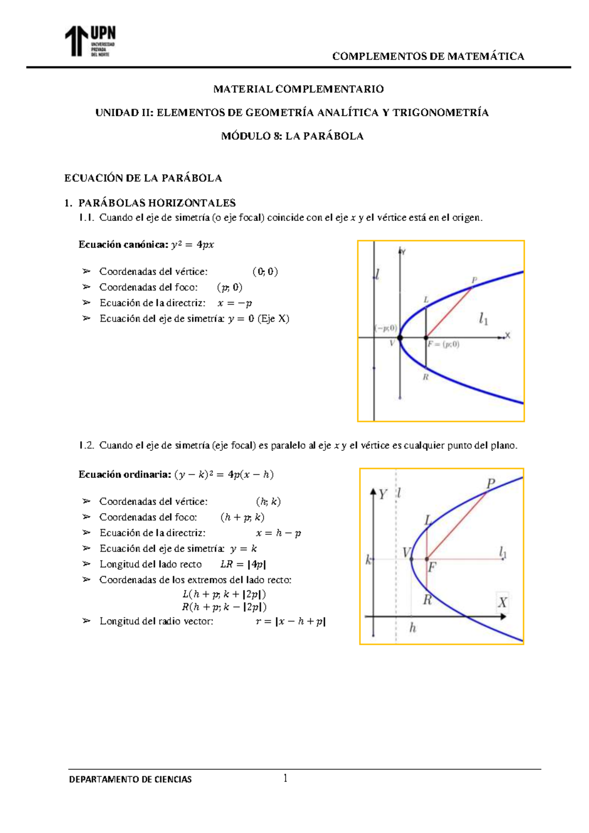 Material Complementario S09 La Parábola 5 - 1 MATERIAL COMPLEMENTARIO UNIDAD II: ELEMENTOS DE ...