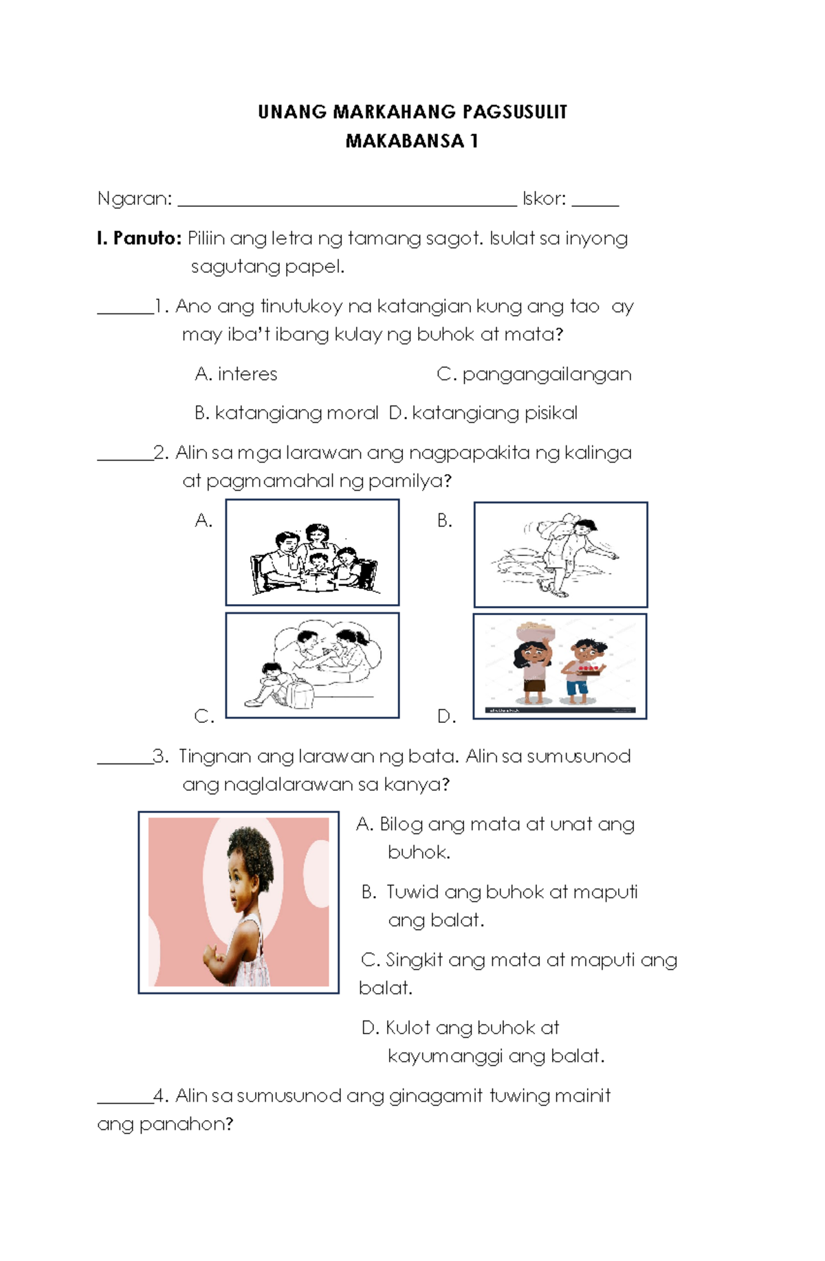 Makabansa - UNANG MARKAHANG PAGSUSULIT MAKABANSA 1 Ngaran