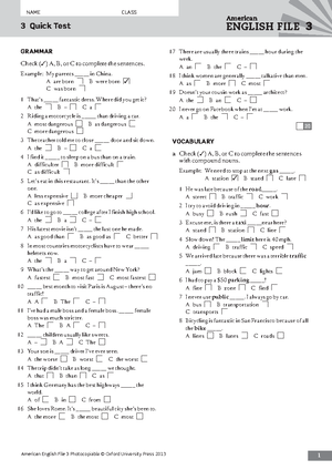 AEF3 File1 Quick Test - 1 NAME CLASS 1 Quick Test American English File ...