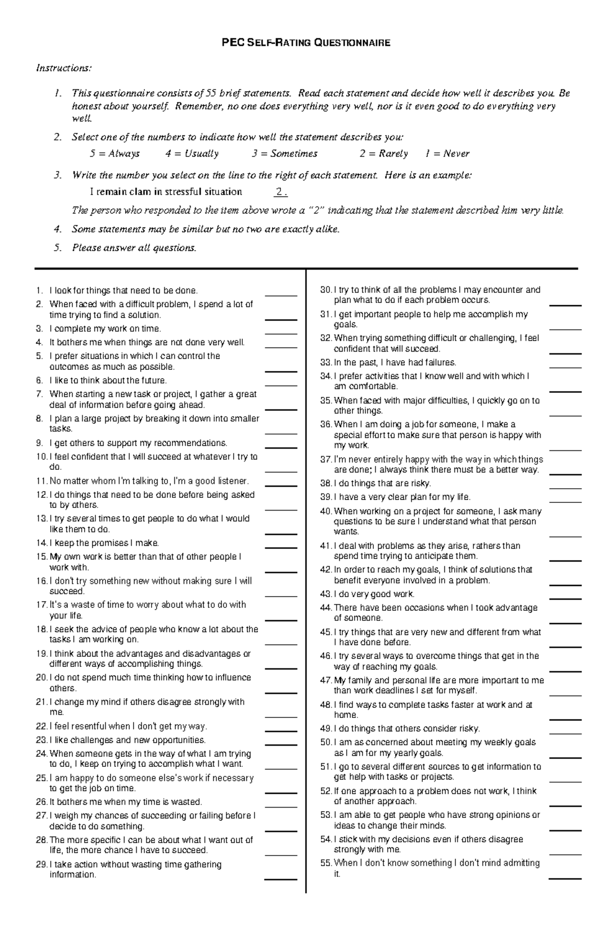 PEC Questionnaire and Score Sheet - PEC SELF-RATING QUESTIONNAIRE ...
