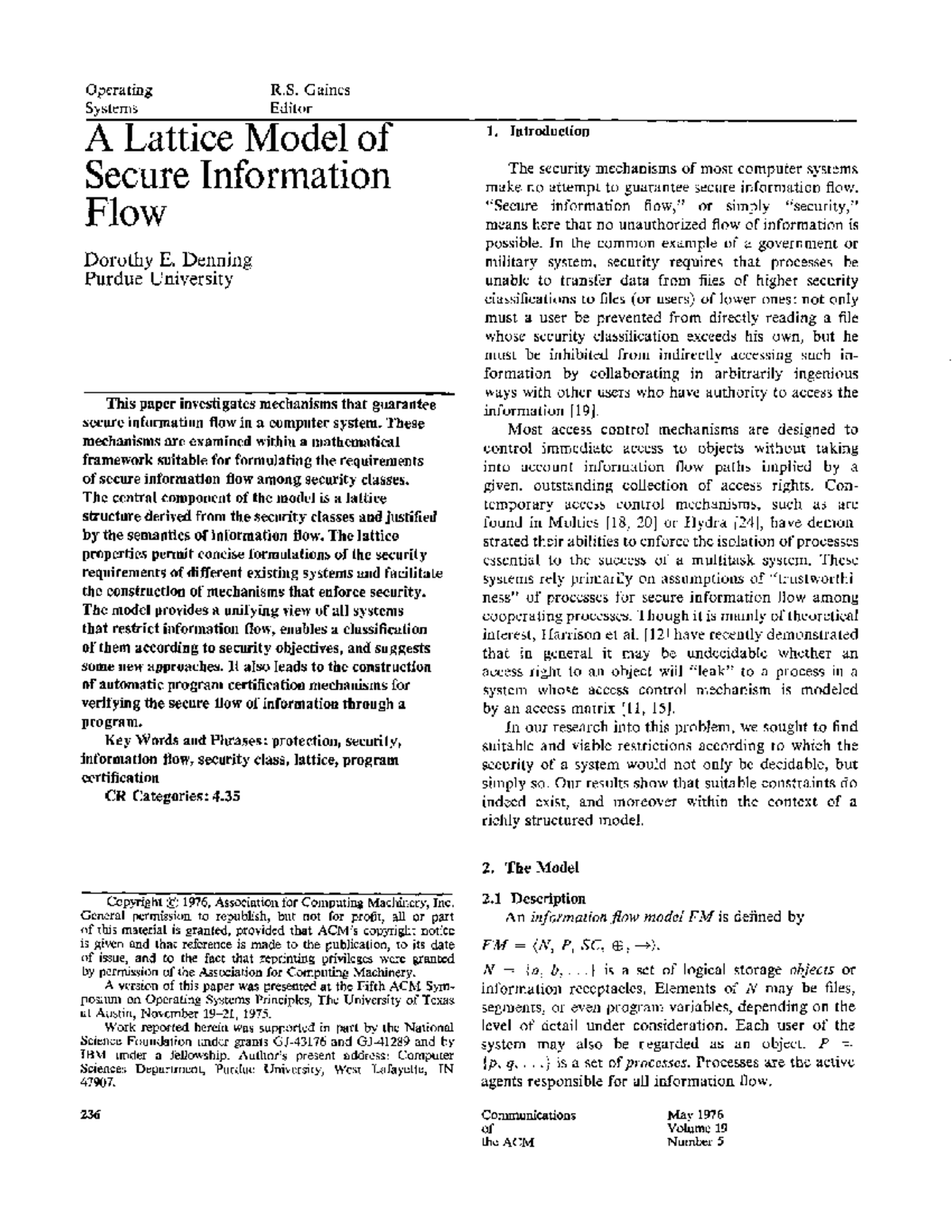 3b Denning-1976 - Notes - Operating R. Gaines Systems Editor A Lattice ...