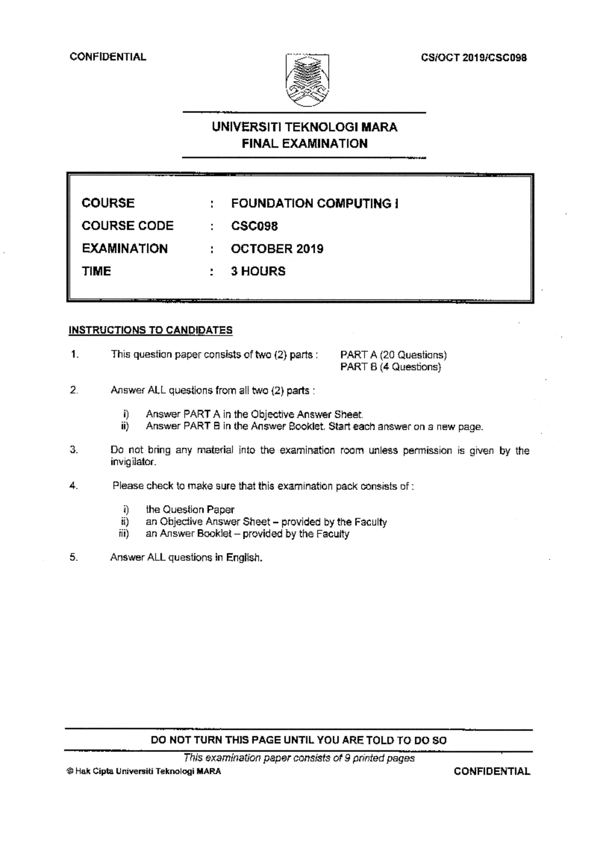 CSC PAST YEAR 2019 - Computer Science - Studocu