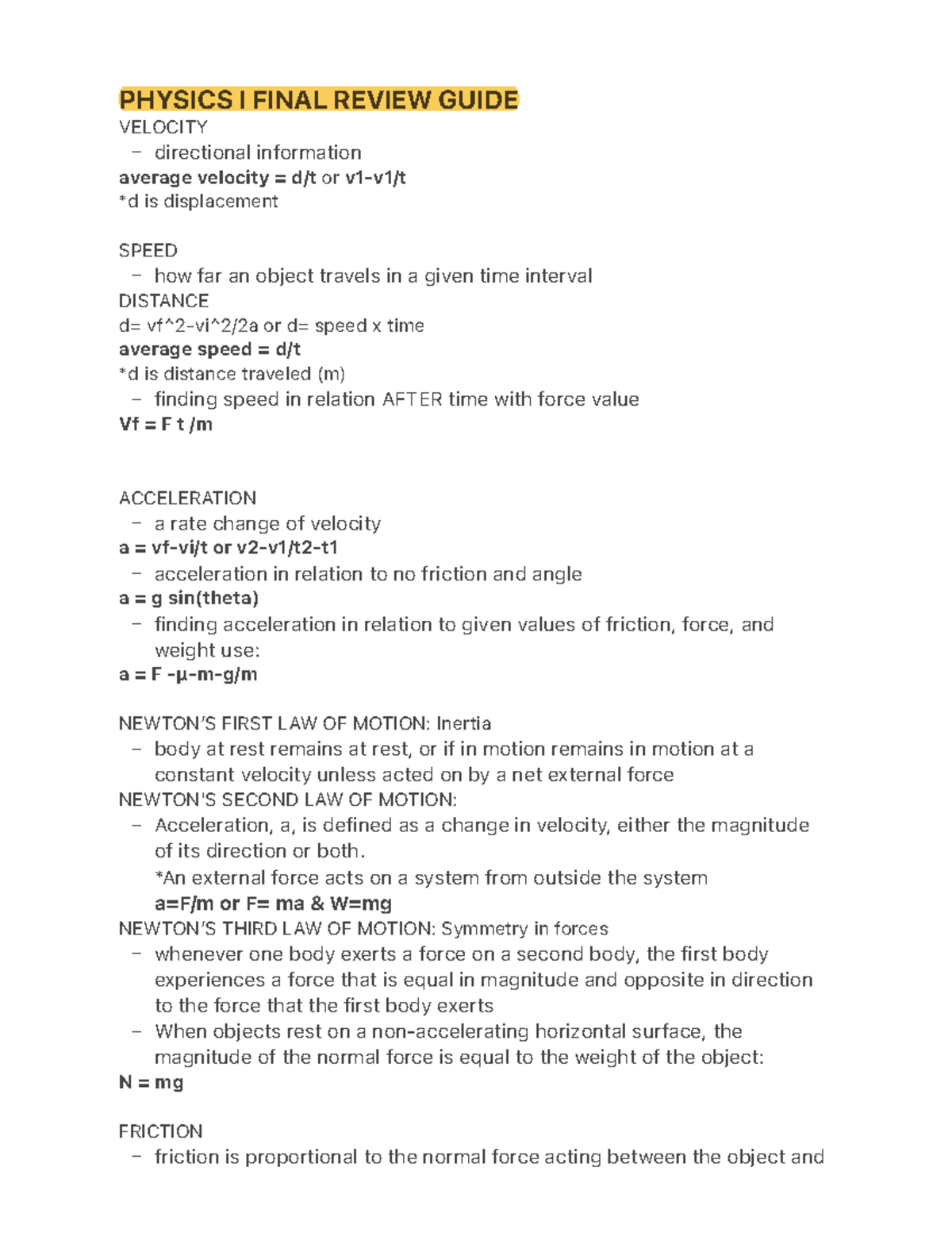 1-3 Physics I Final Review Guide - – – – – – – – – – – – PHYSICS I FINAL REVIEW GUIDE VELOCITY ...