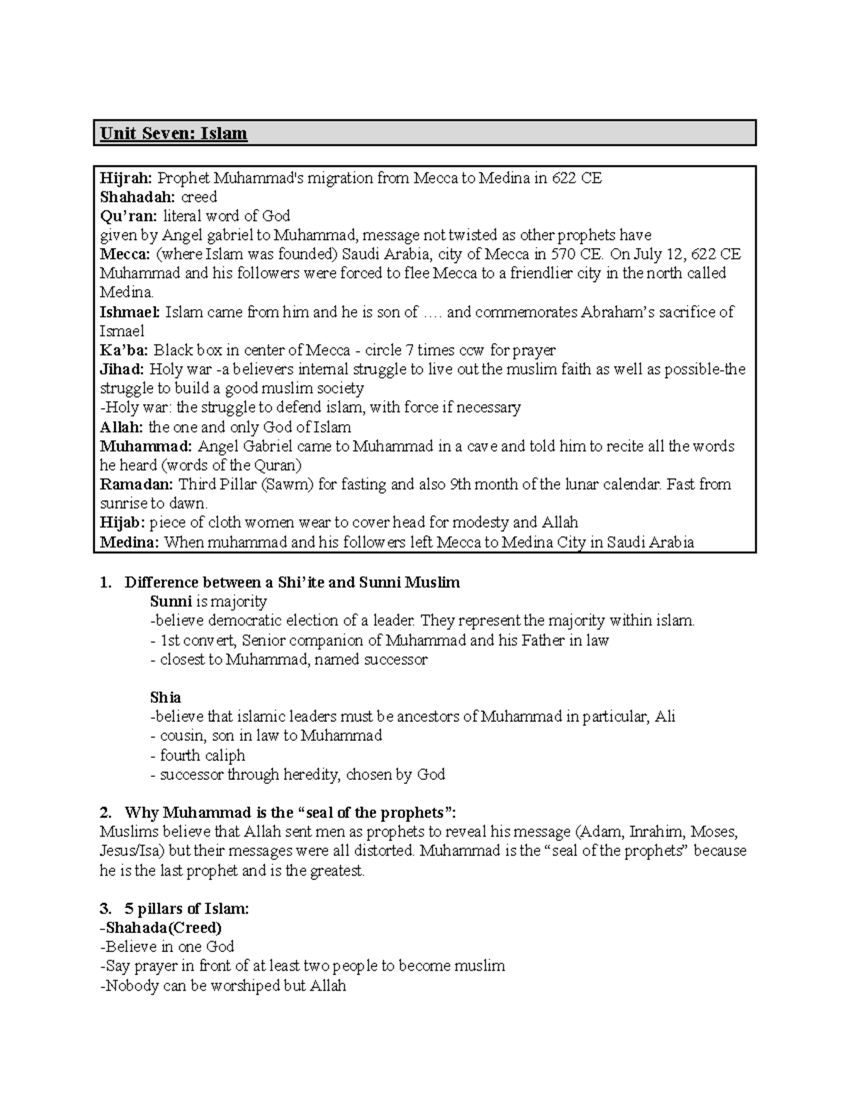 Study Notes on Islam (unit 6) - Unit Seven: Islam Hijrah: Prophet ...