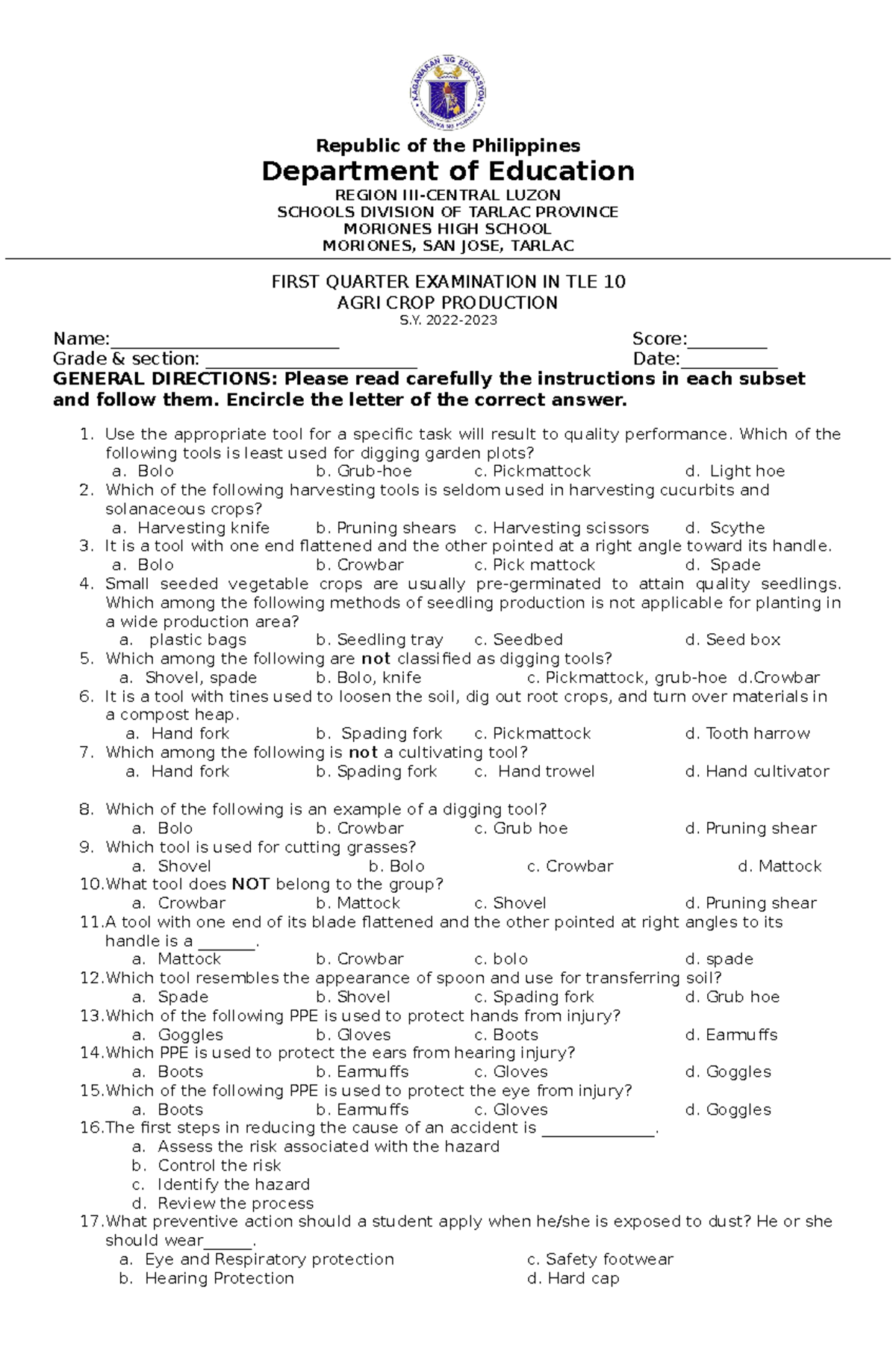 Tle 10 1ST Quarter EXAM - Republic of the Philippines Department of ...