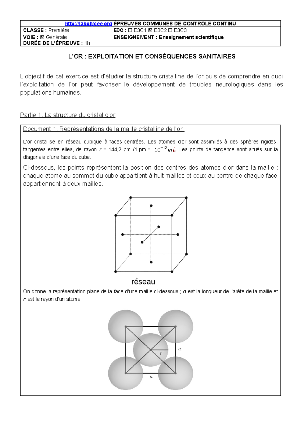 1Ens Sci 3174b Sujet Cristaux Or - labolycee ÉPREUVES COMMUNES DE ...