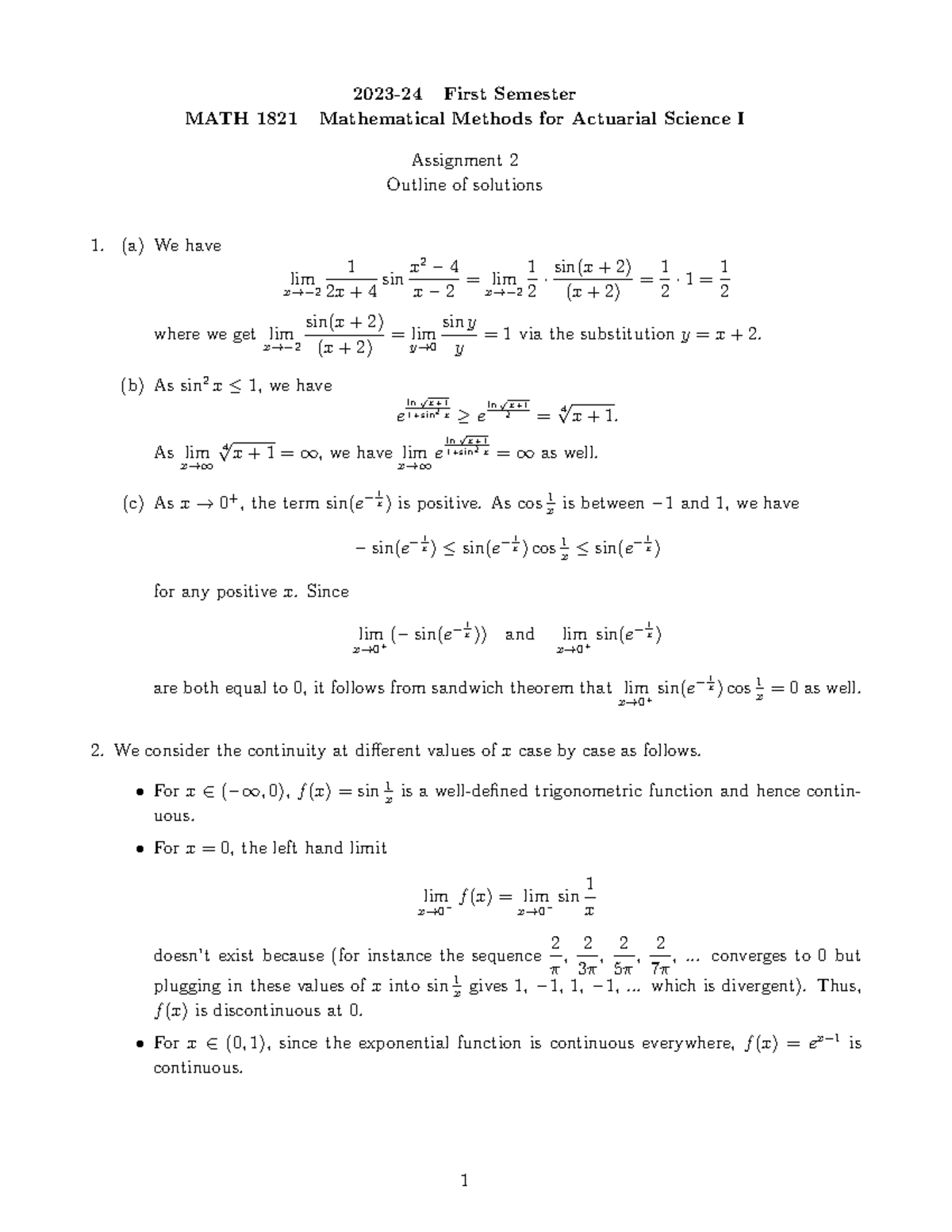 1821A2S - ASSIGNMENT 2 ANS - 2023-24 First Semester MATH 1821 Mathematical Methods for Actuarial ...