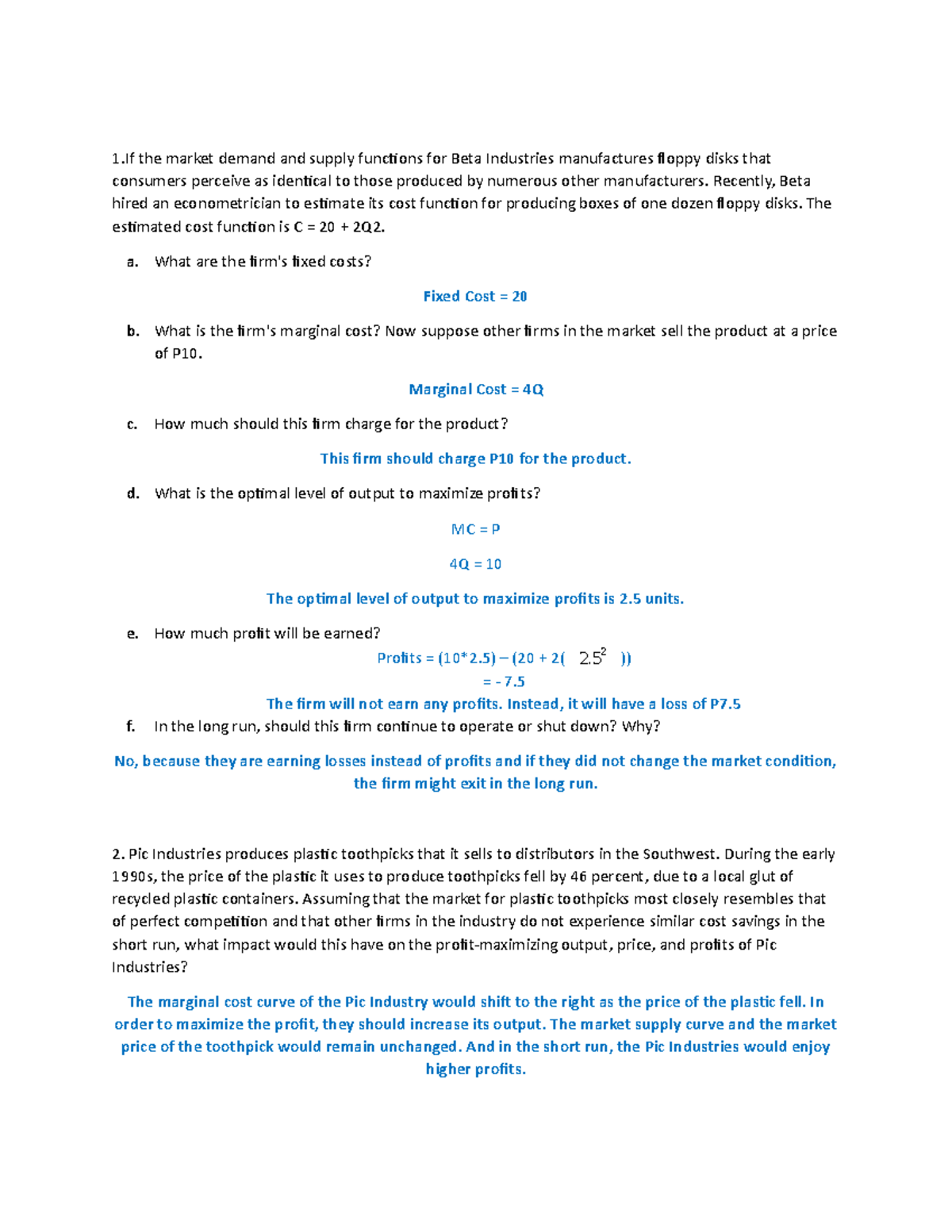 Marginal Analysis - 1 the market demand and supply funcions for Beta ...