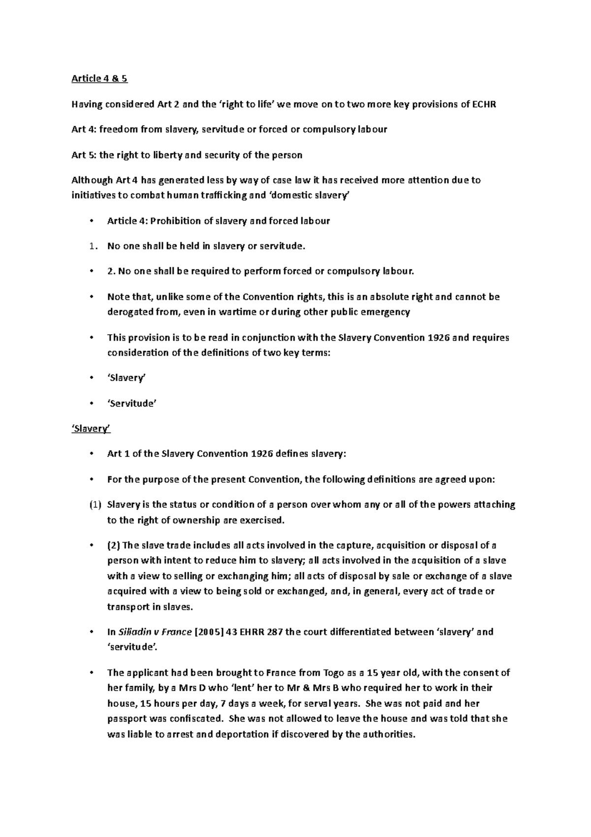 Human rights - Art 4 - Lecture notes 2 - Article 4 & 5 Having ...