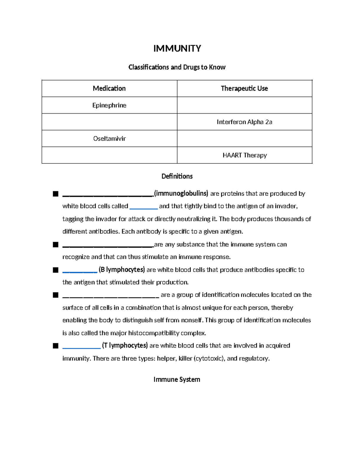Immunity Notes - IMMUNITY Classifications and Drugs to Know Medication ...