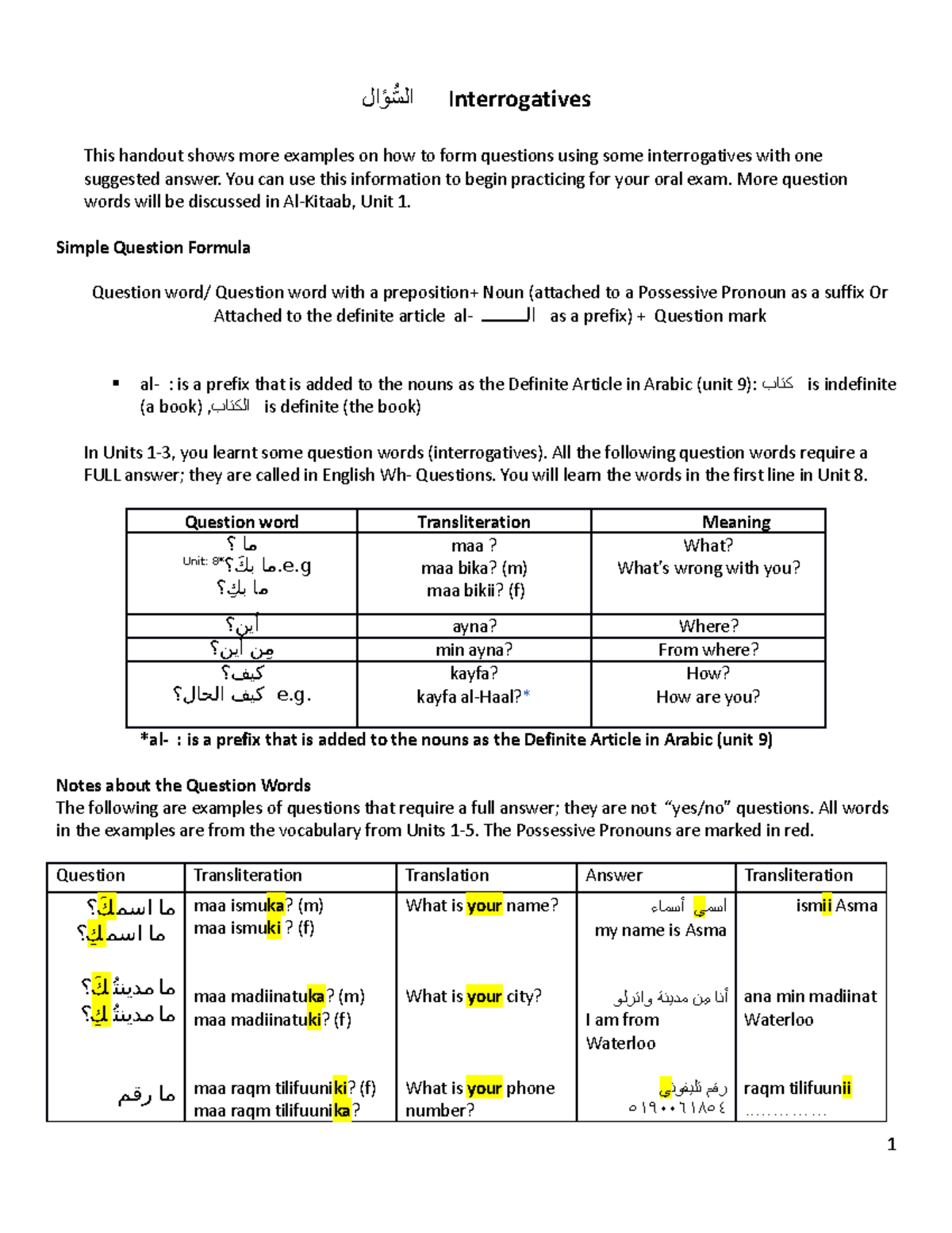 Week-5-interrogatives - السّ ُ ؤال Interrogatives This handout shows ...