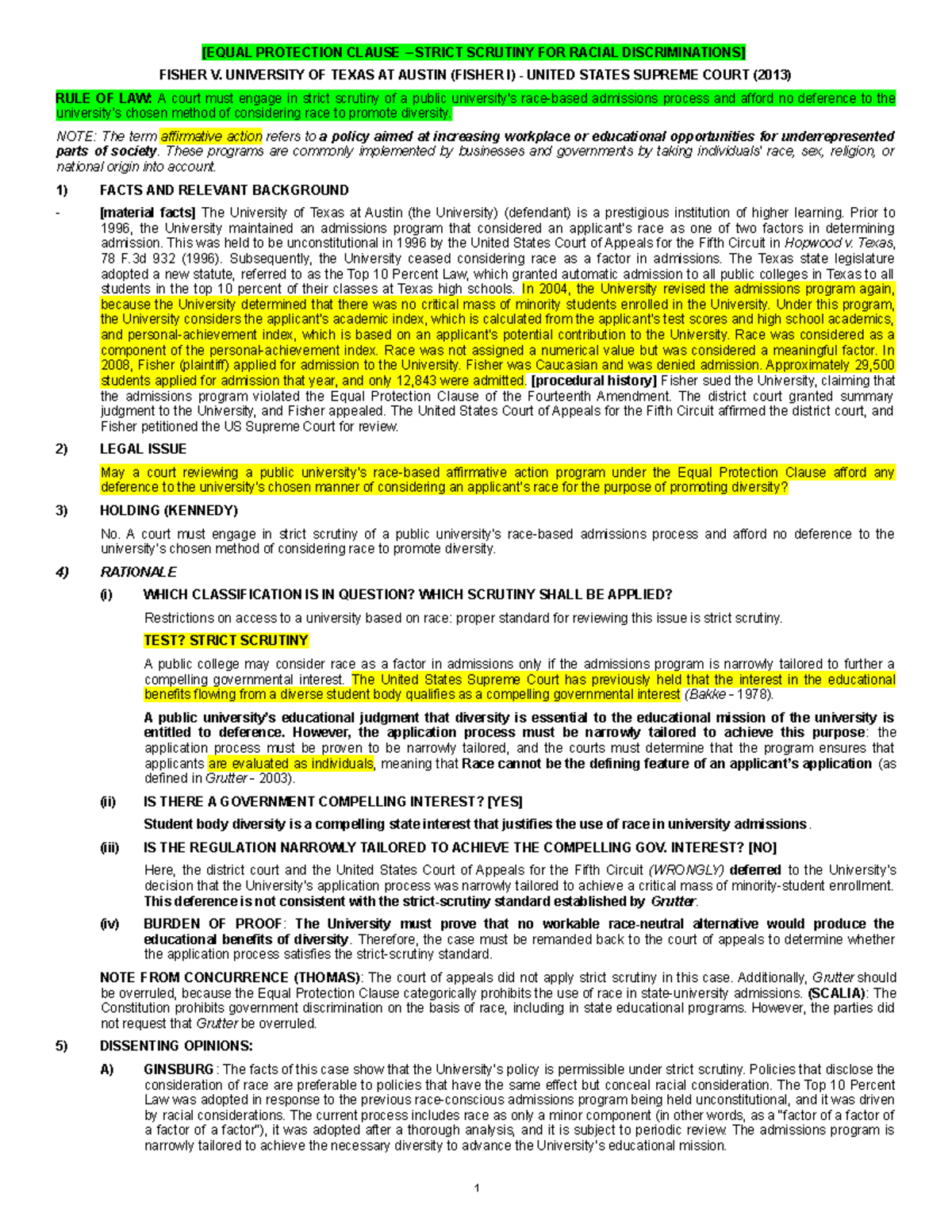 Case brief Fisher v. UNIV. Texas (2013 ) - (ConLaw - case brief and ...