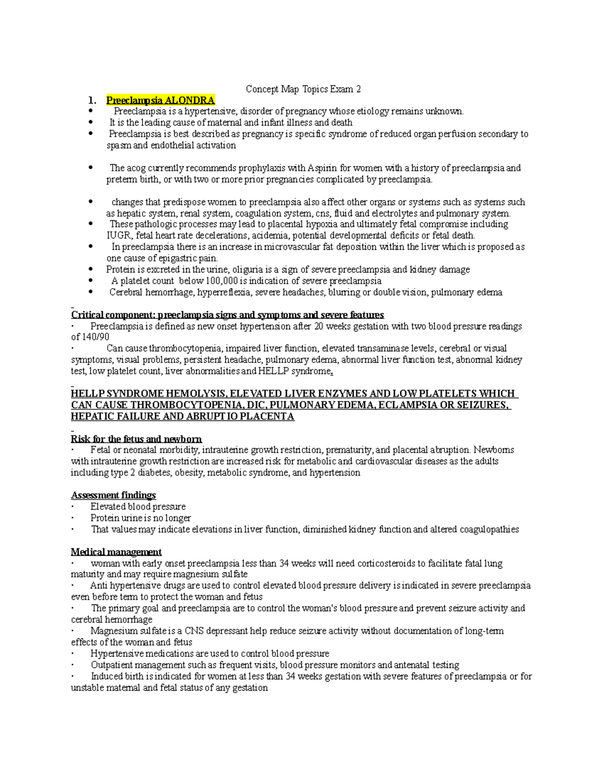 OB EX 2 Review - Concept Map Topics Exam 2 Preeclampsia ALONDRA ...