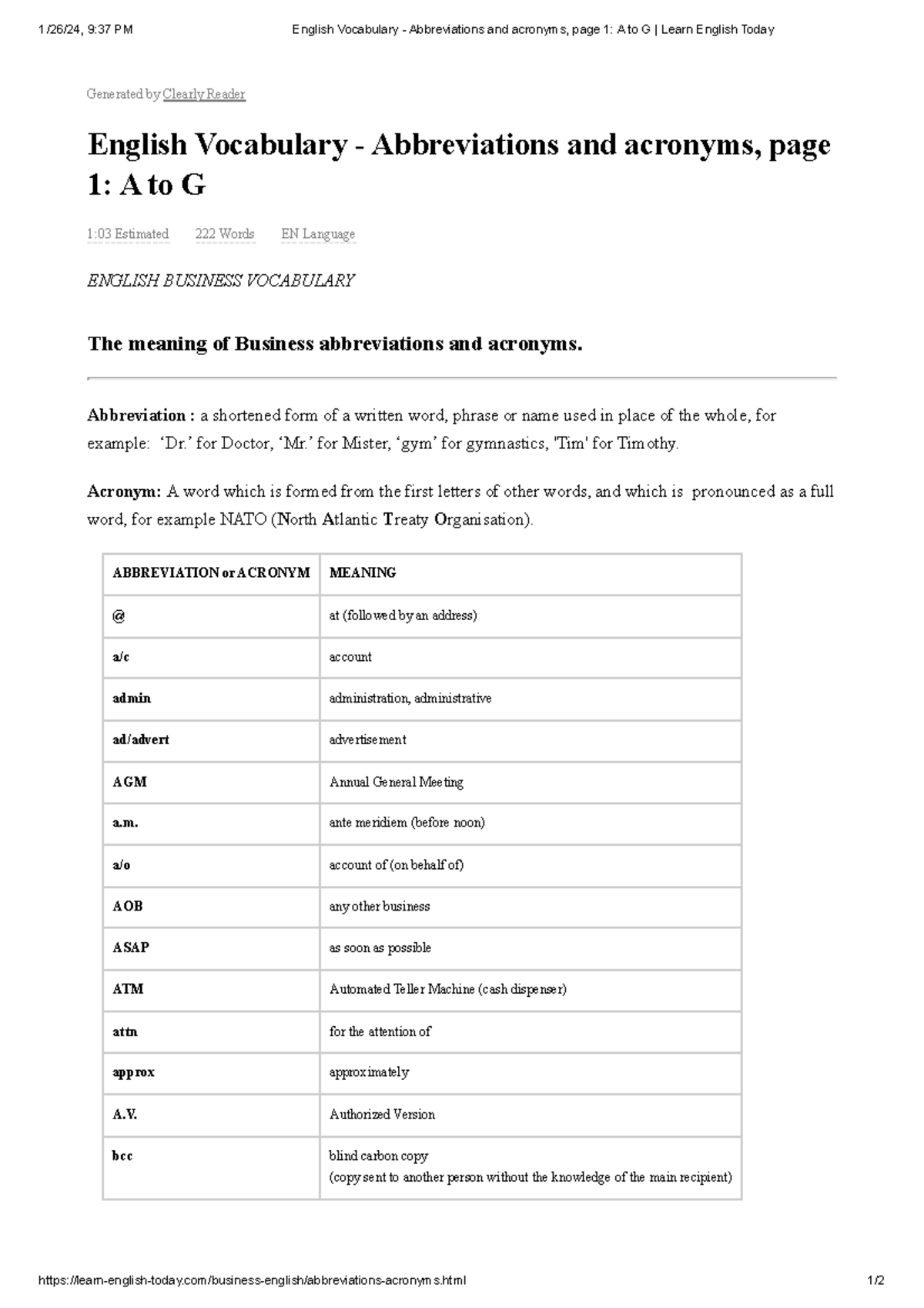 English Vocabulary - Abbreviations and acronyms, page 1 A to G Learn ...