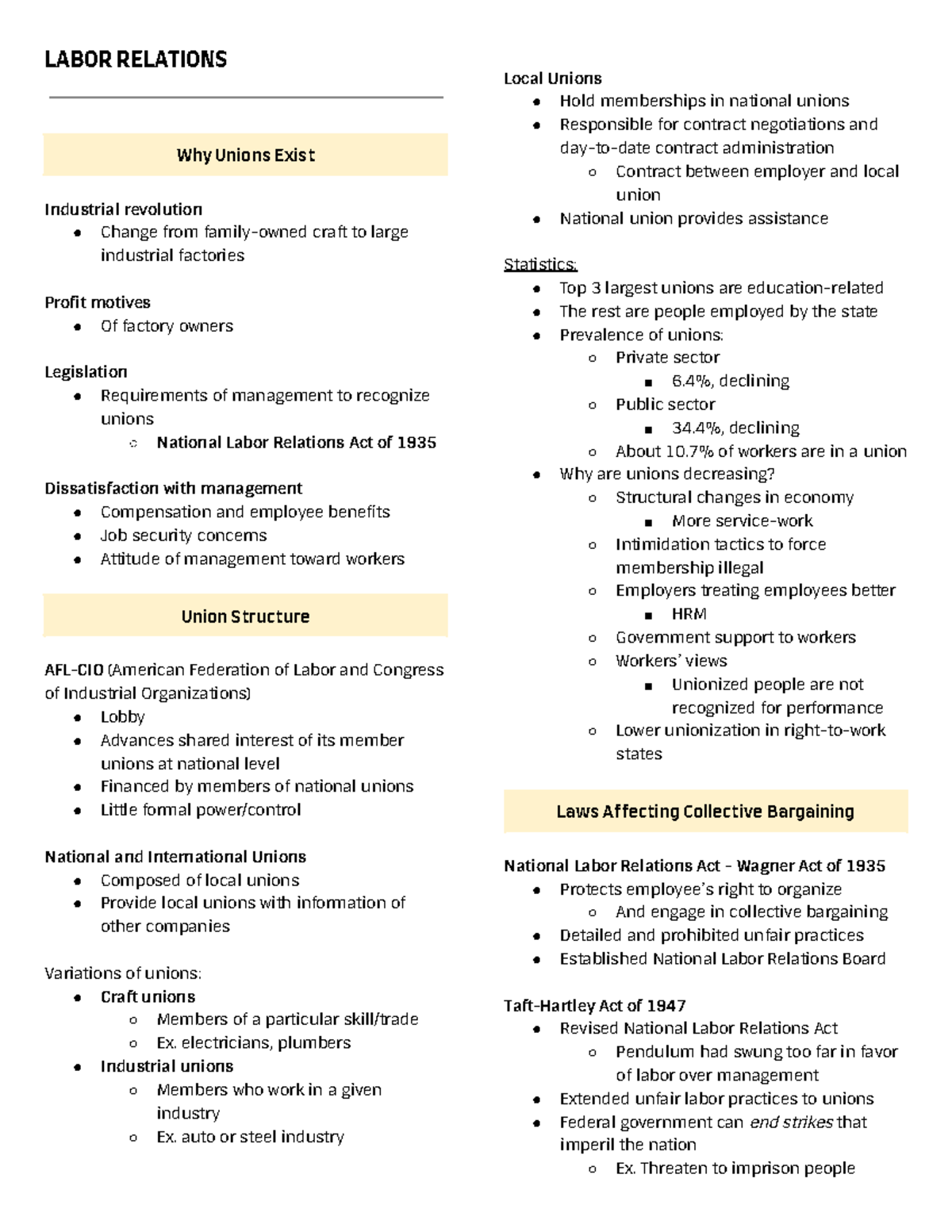 OBHR 3330 Notes 12 - Labor Relations - LABOR RELATIONS Why Unions Exist ...
