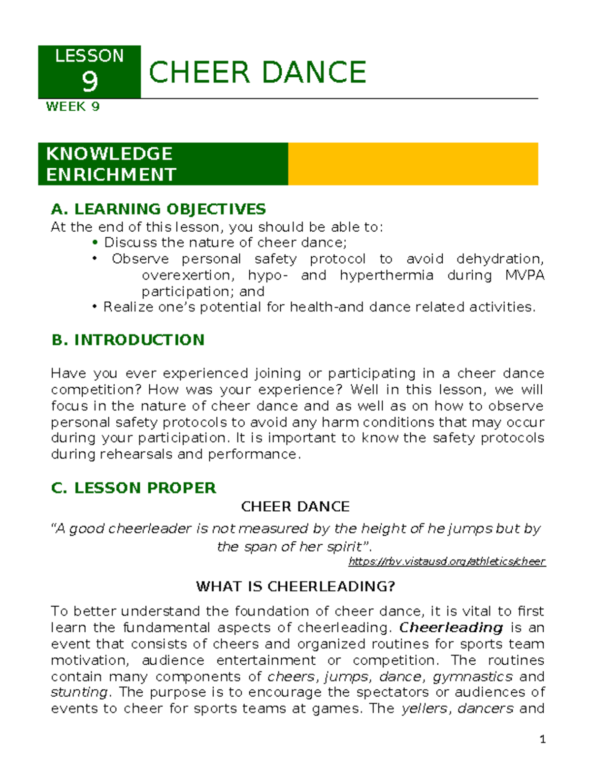 G12 PE Module-9-12 - none - LESSON 9 CHEER DANCE WEEK 9 KNOWLEDGE ...