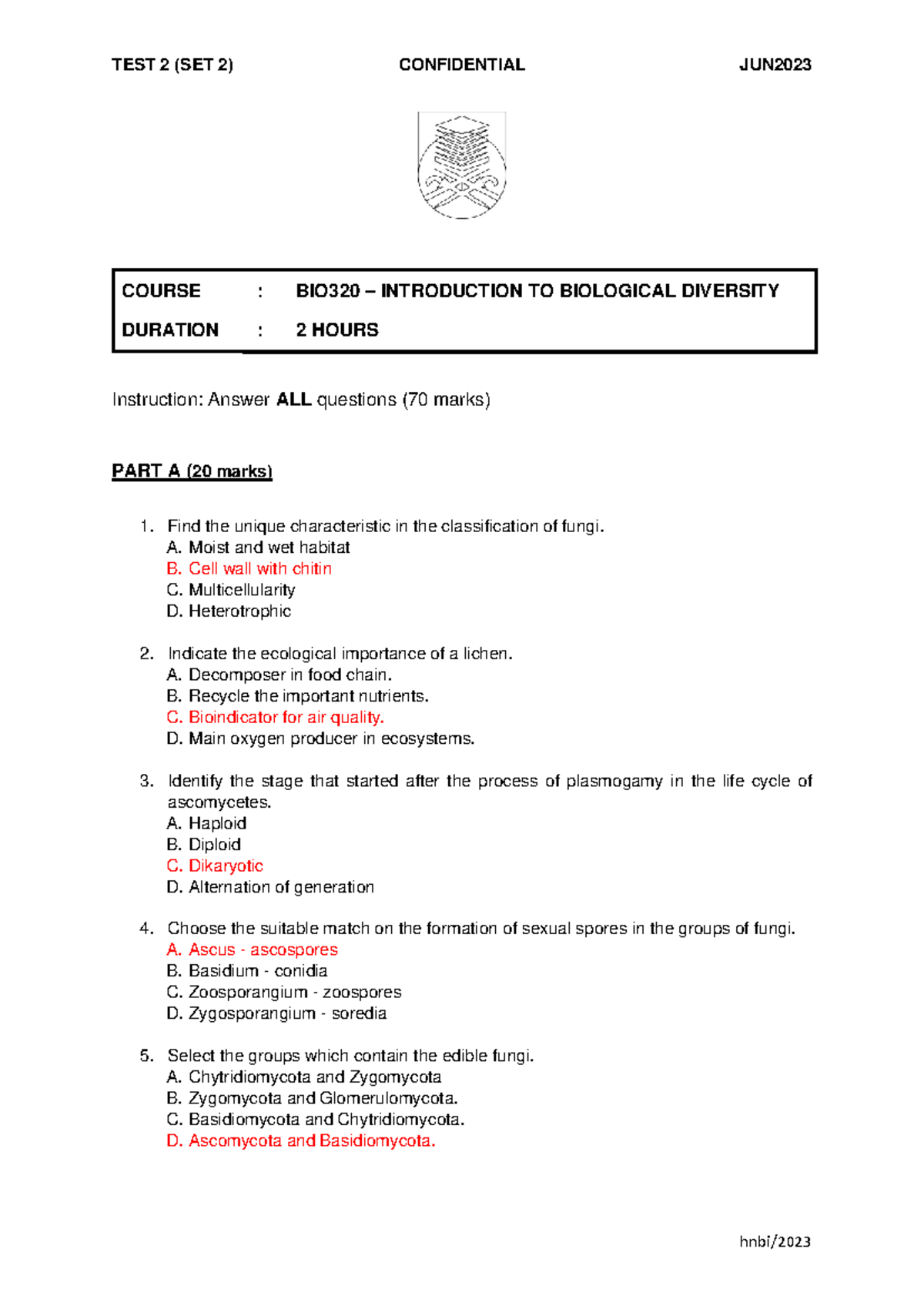 BIO320 TEST 2 JUN 2023 - Answer Scheme SET 2 - COURSE : BIO320 ...