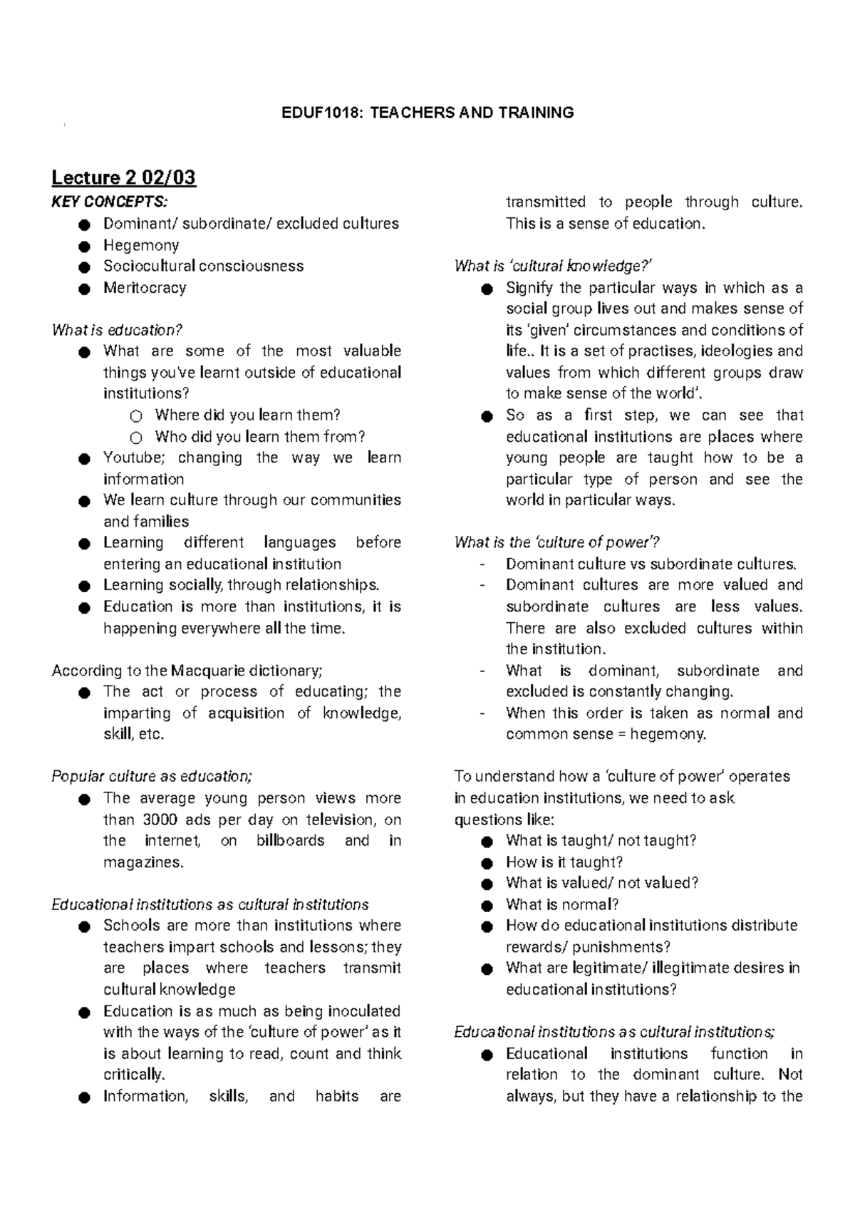 EDUF1018 lecture content - EDUF1018: TEACHERS AND TRAINING Lecture 2 02 ...