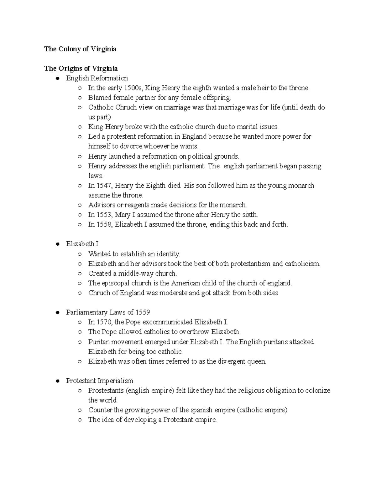 Copy of HIST 105 Notes - The Colony of Virginia The Origins of Virginia ...
