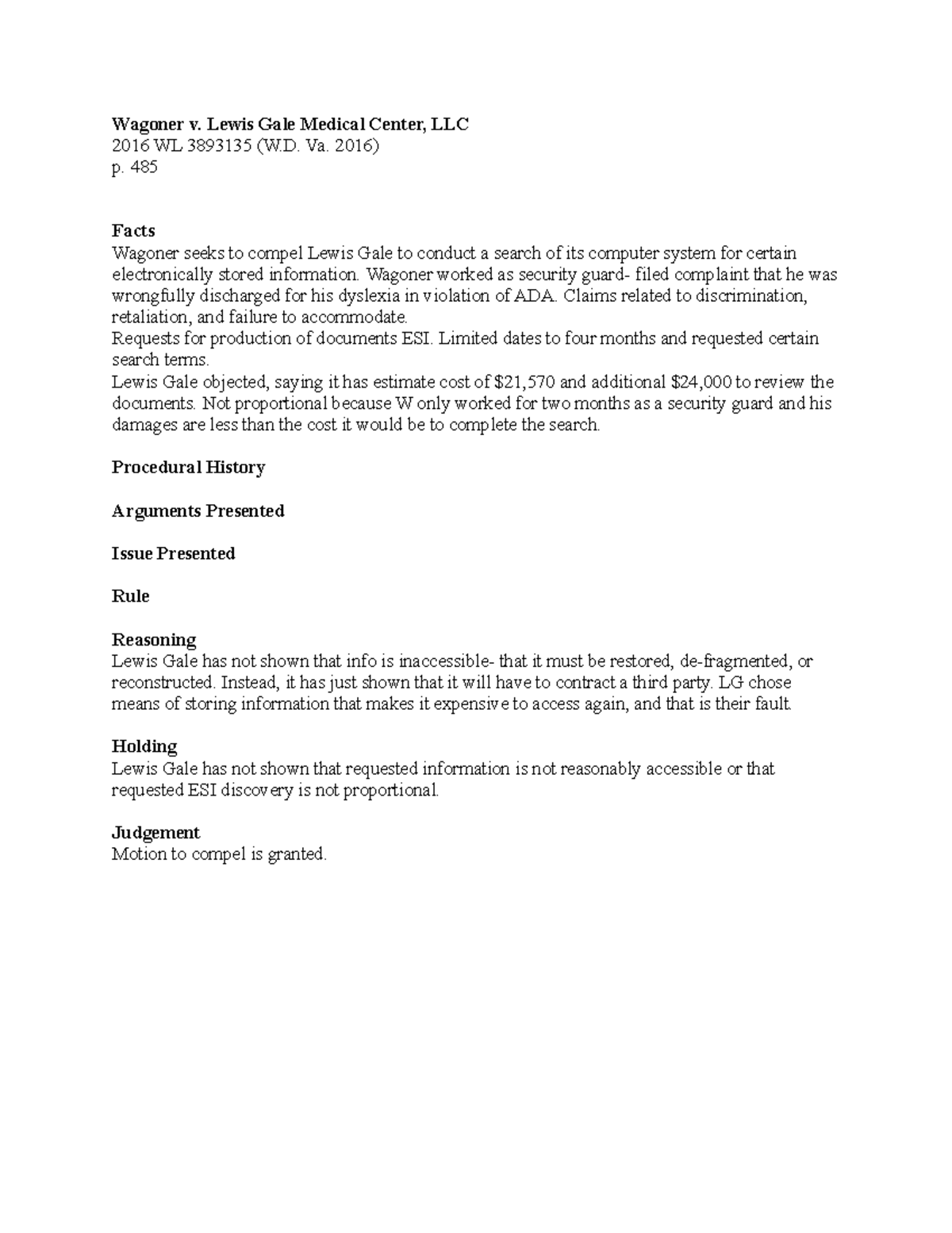 Wagoner v Lewis Gale - Case brief. - Wagoner v. Lewis Gale Medical ...