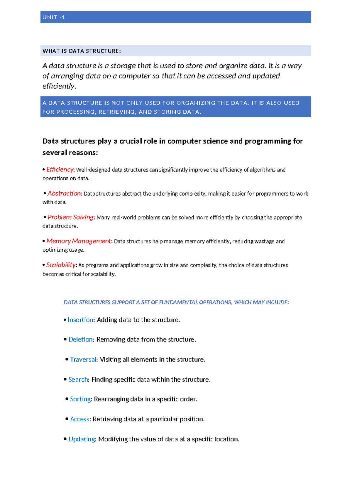Data structure unit one - WHAT IS DATA STRUCTURE: A data structure is a storage that is used to ...