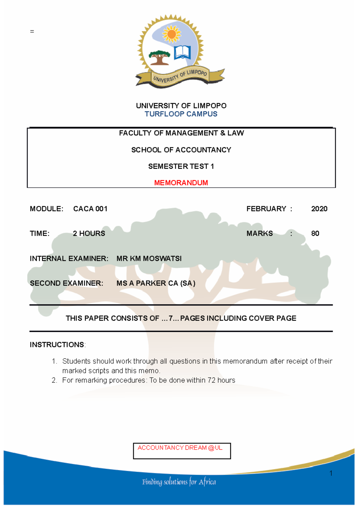 CACA001 - Test 1 Memo After Moderation - = UNIVERSITY OF LIMPOPO ...