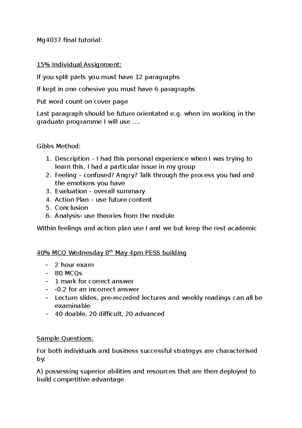 Mg4037 final tutorial - practice questions - Mg4037 final tutorial: 15% Individual Assignment ...