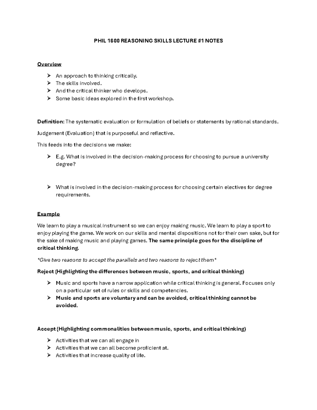 PHIL1600 Lecture 1 Notes - PHIL 1600 REASONING SKILLS LECTURE #1 NOTES ...