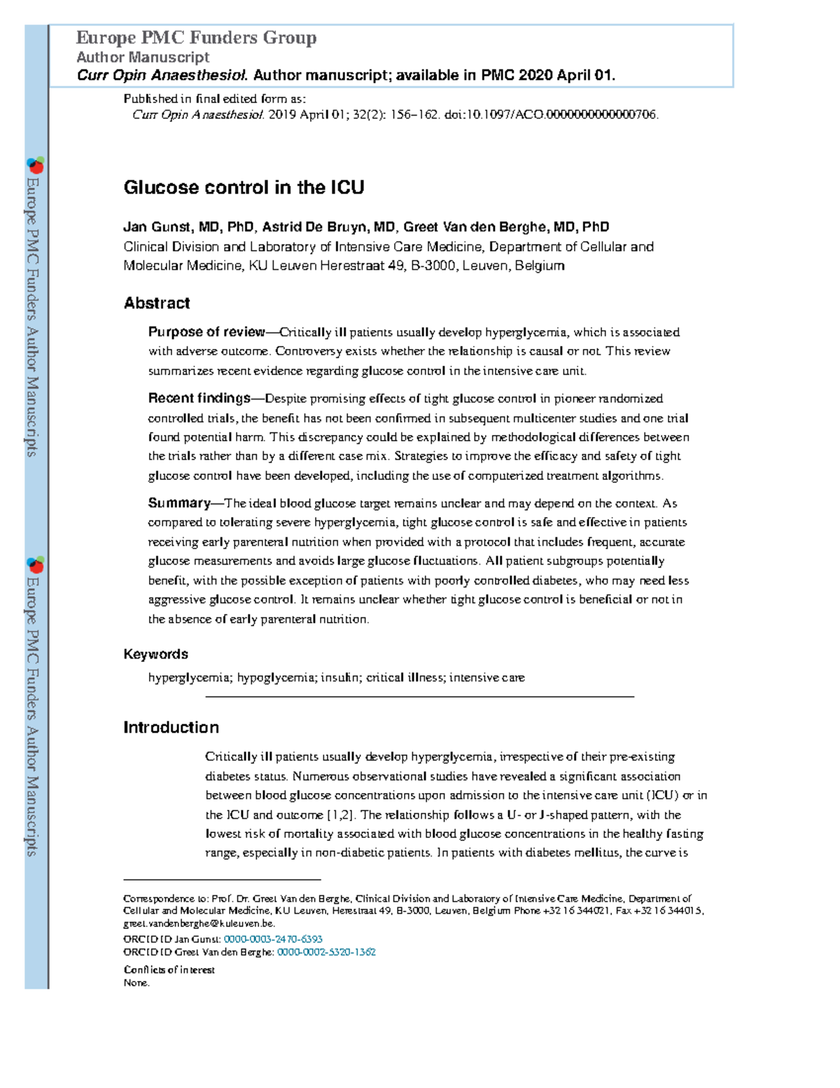 Glucose control in the UCI Curr Opin Anaesthesiol 2020 - Glucose ...