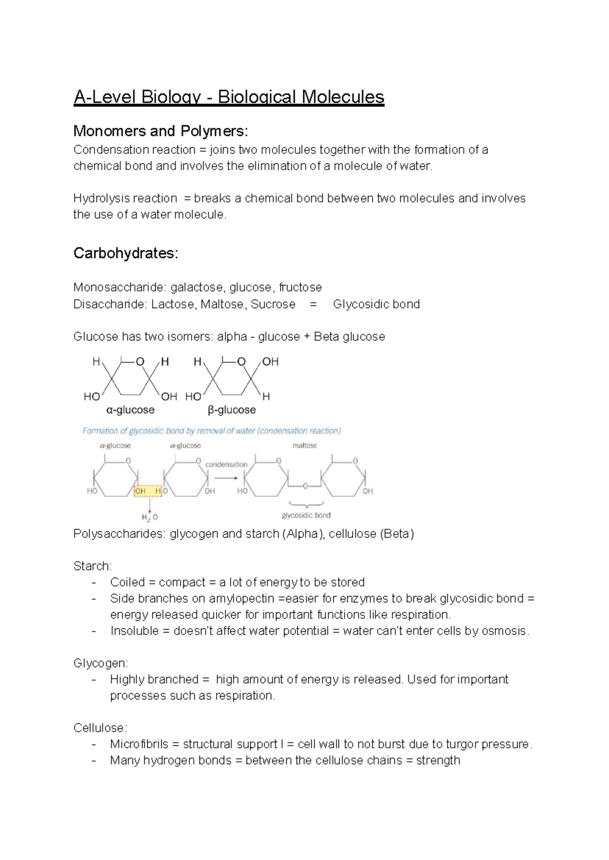 Alevel BIO - Biological Molecules - A-Level Biology - Biological ...
