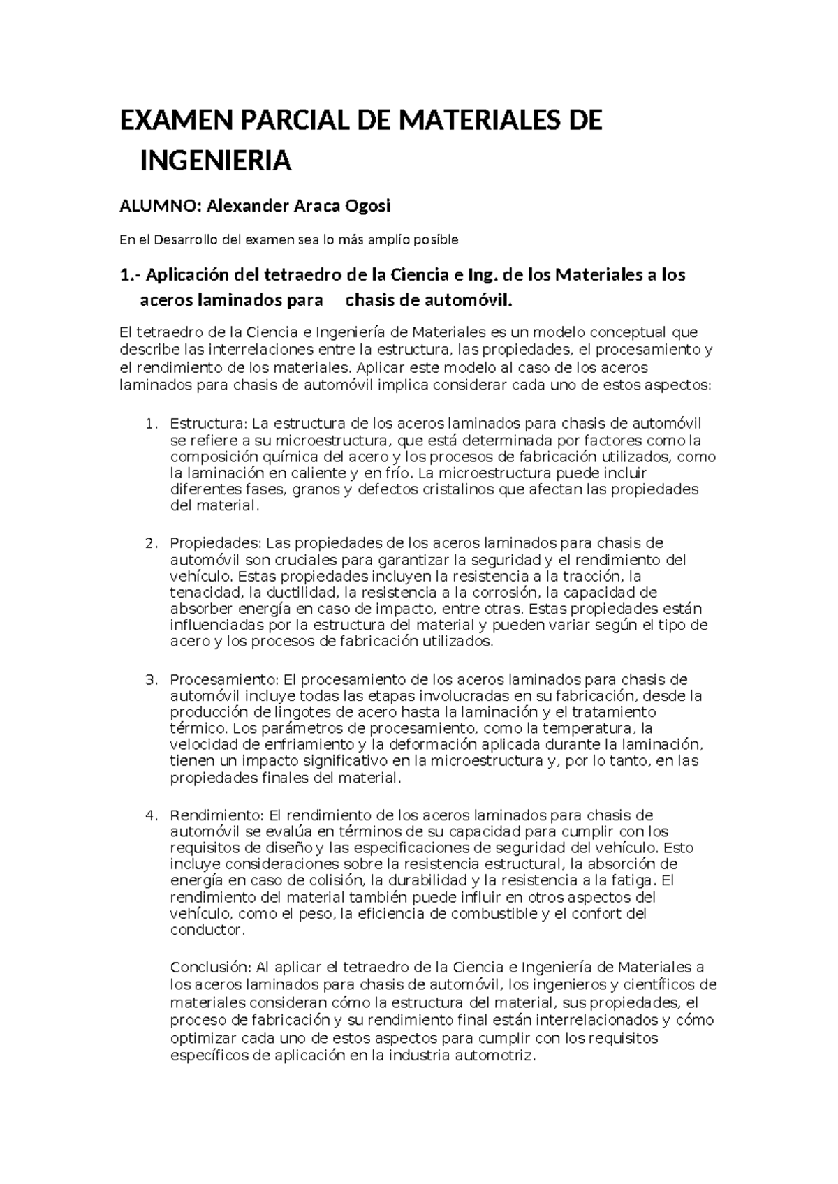 Examen Parcial Ingenieria de los Materiales - EXAMEN PARCIAL DE MATERIALES DE INGENIERIA ALUMNO ...