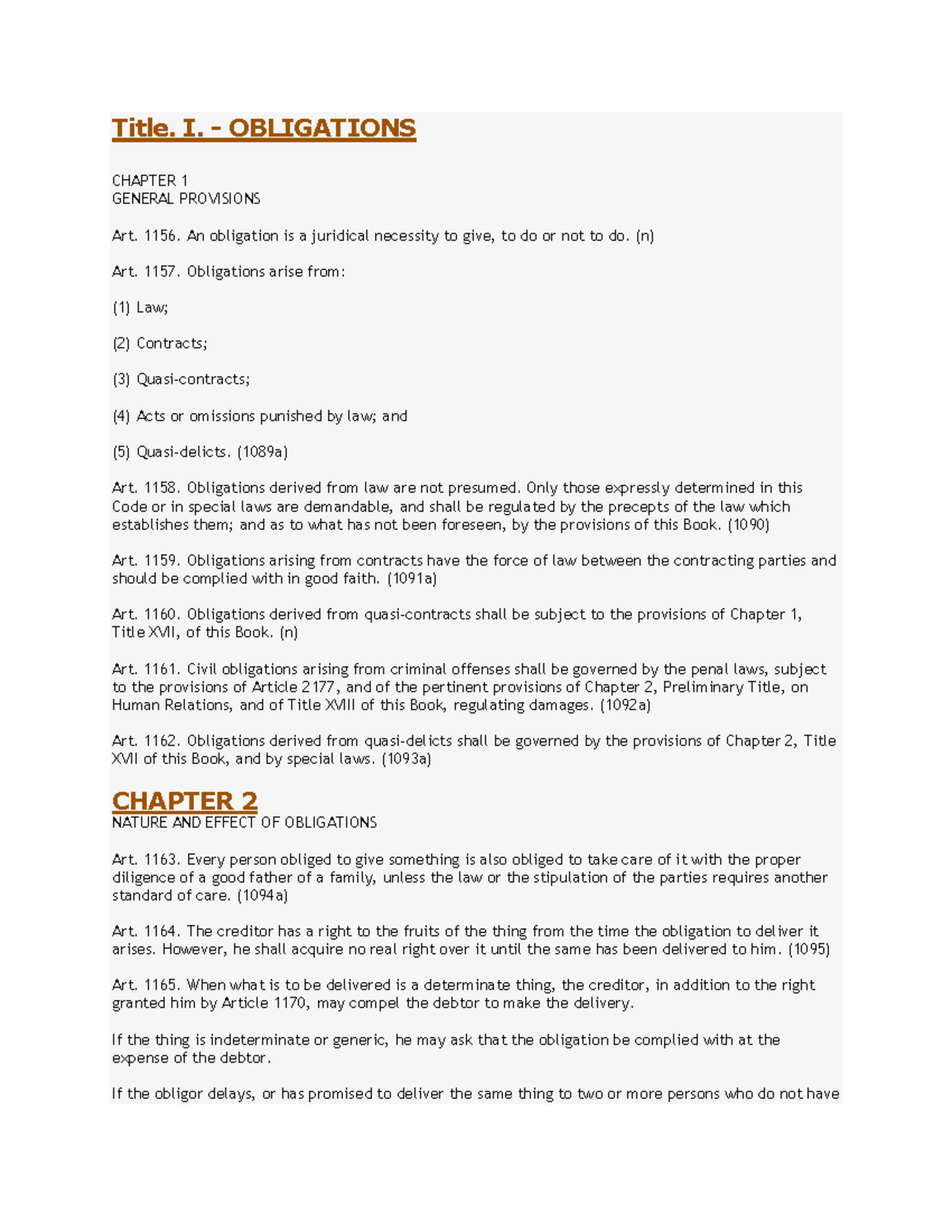 Oblicon codal - Title. I. - OBLIGATIONS CHAPTER 1 GENERAL PROVISIONS Art. 1156. An obligation is ...