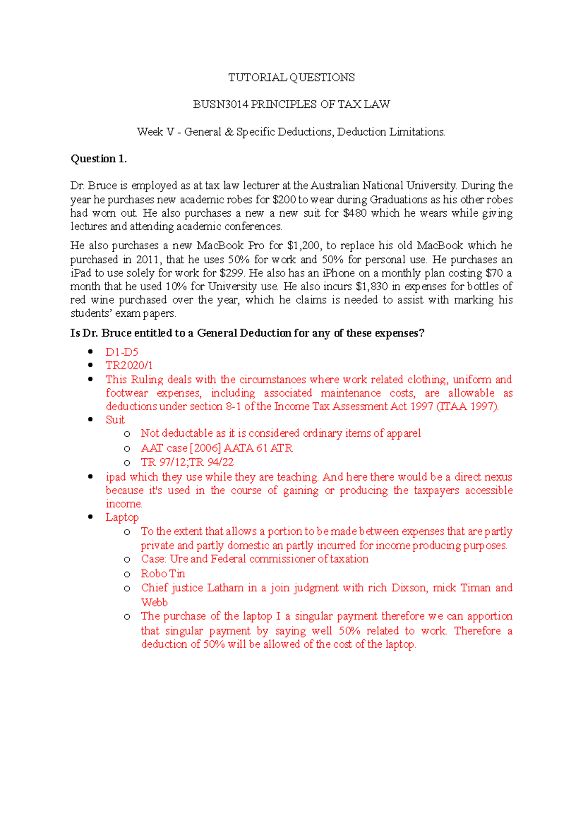 Tutorial Questions BUSN3014 Principles OF TAX LAW Week V - General ...